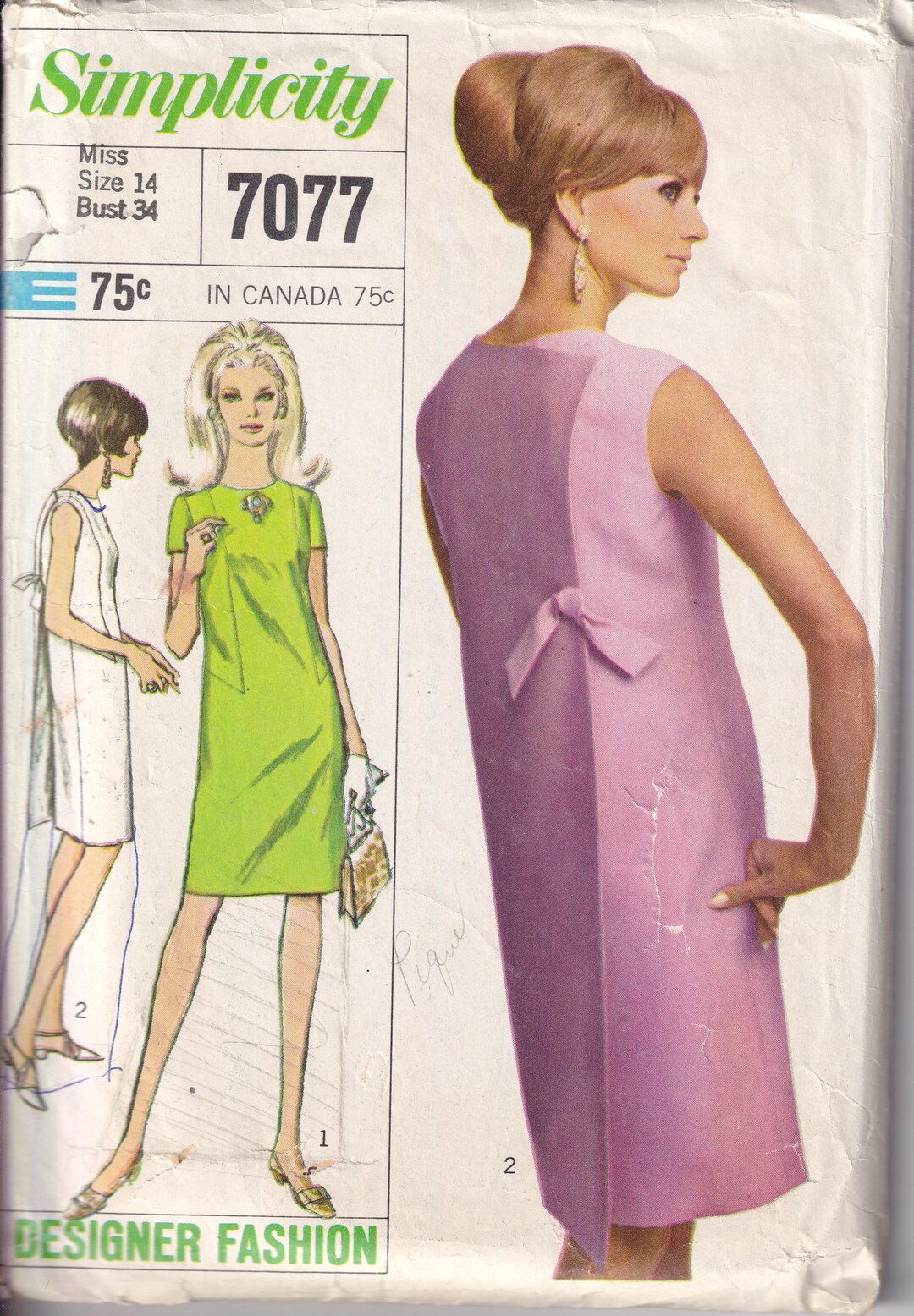 Vintage 1967 Simplicity 7077 Sewing Pattern Misses' One-piece Dress ...