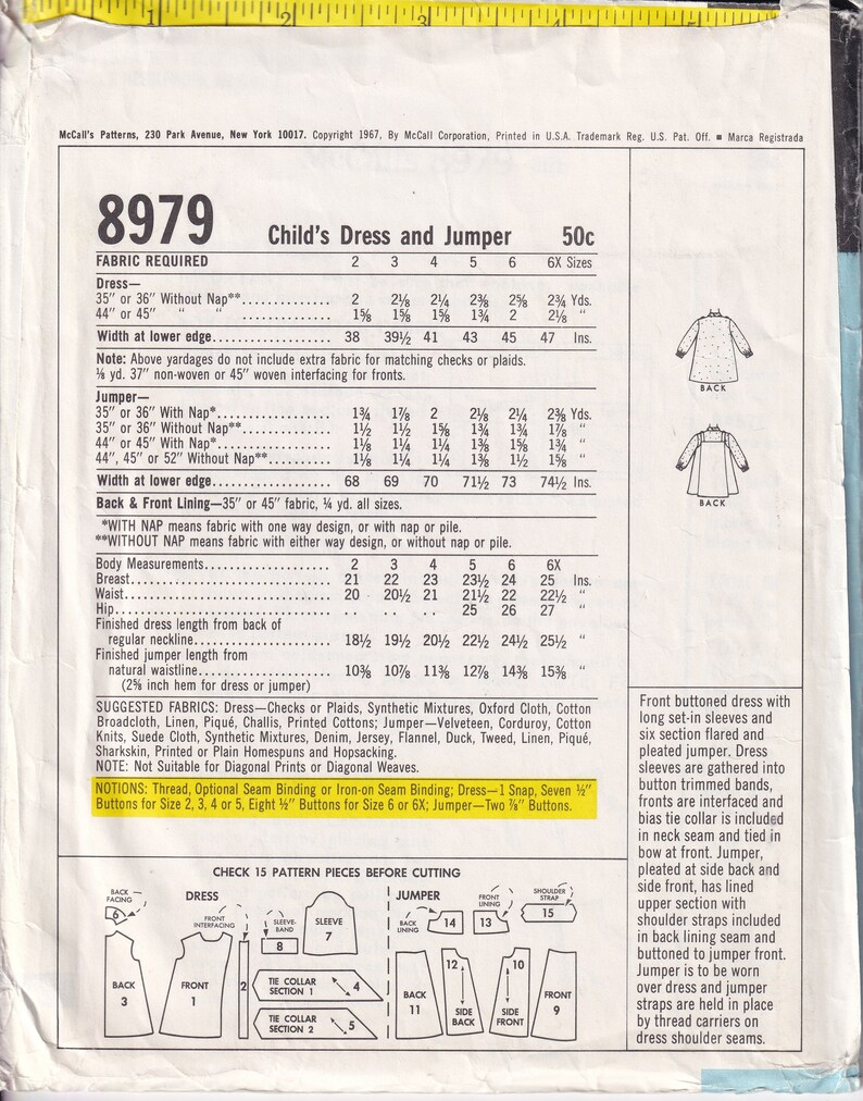 Vintage 1967 Mccall's 8979 Sewing Pattern Child's Girl Dress and Jumper ...