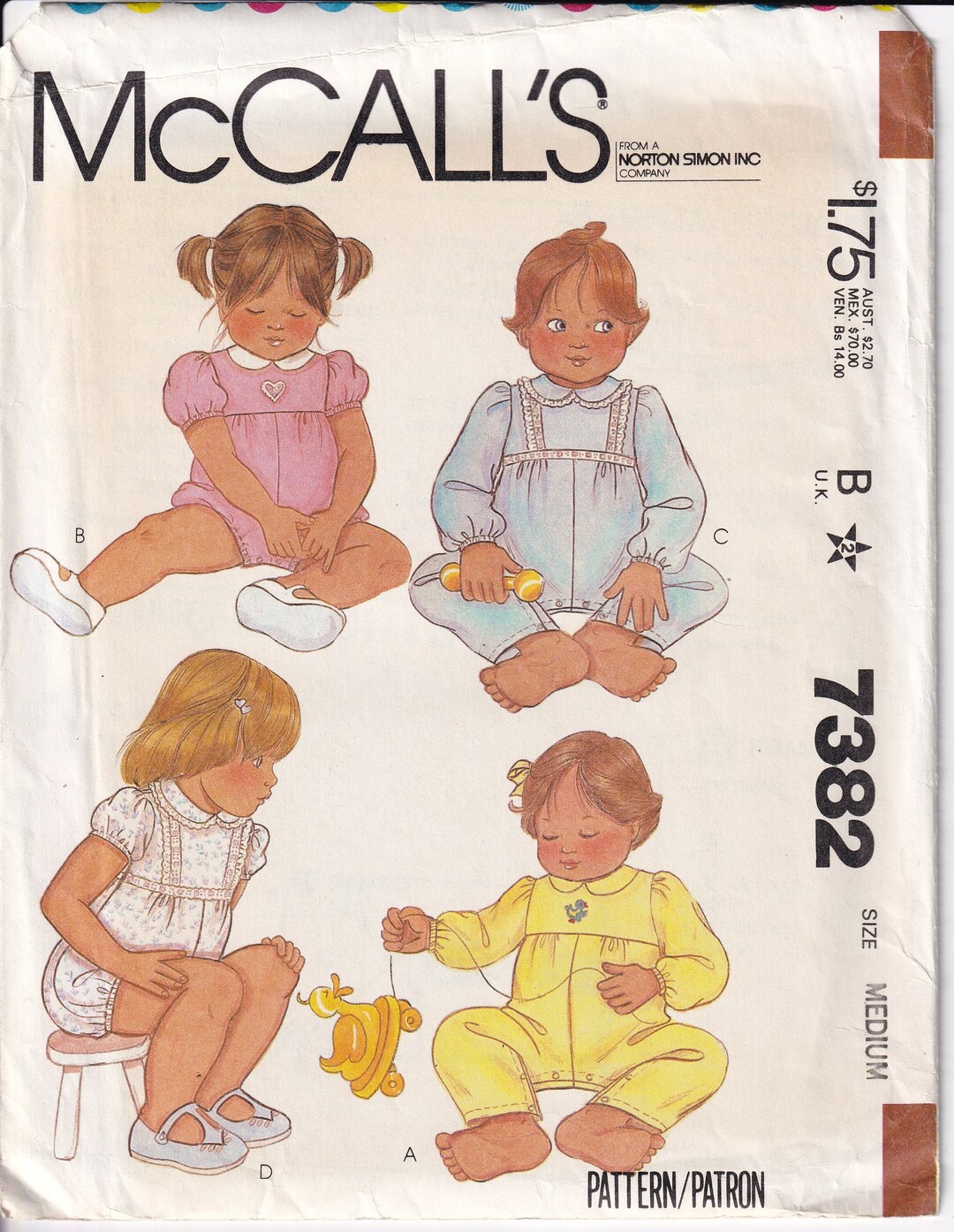Vintage 1980 Mccall's 7382 UNCUT Sewing Pattern Baby Rompers Size ...