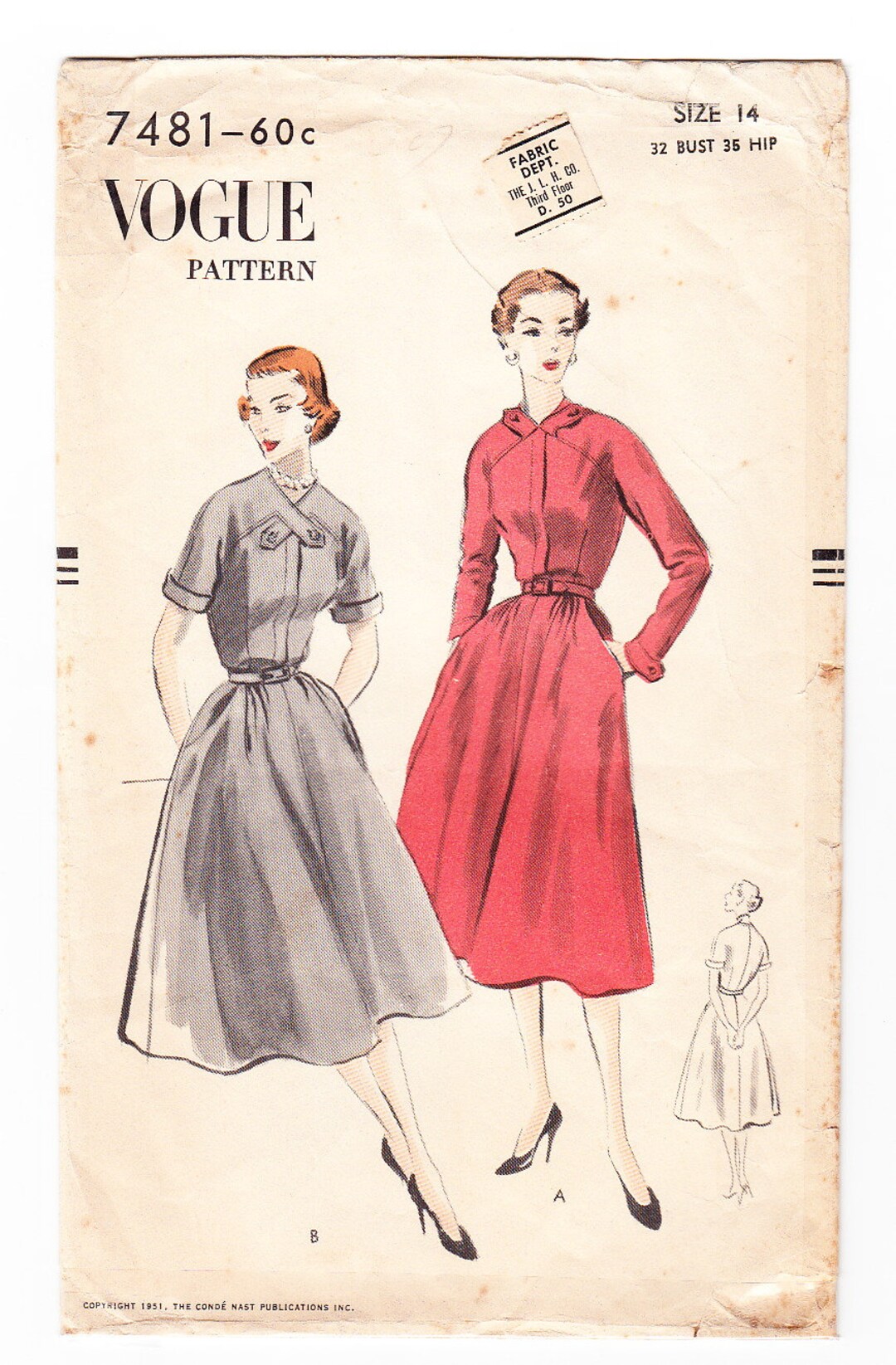 Vintage 1951 Vogue 7481 Sewing Pattern Misses One Piece Dress Size 14