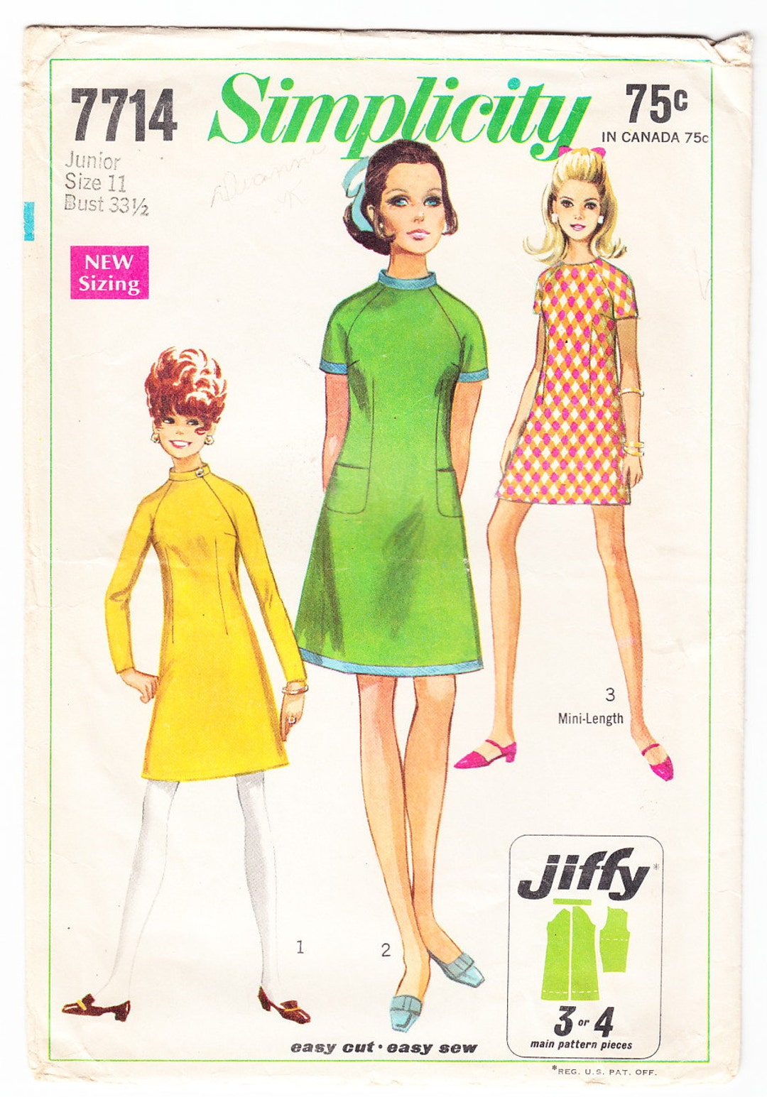Vintage 1968 Simplicity 7714 Sewing Pattern Juniors' Dress in Two ...