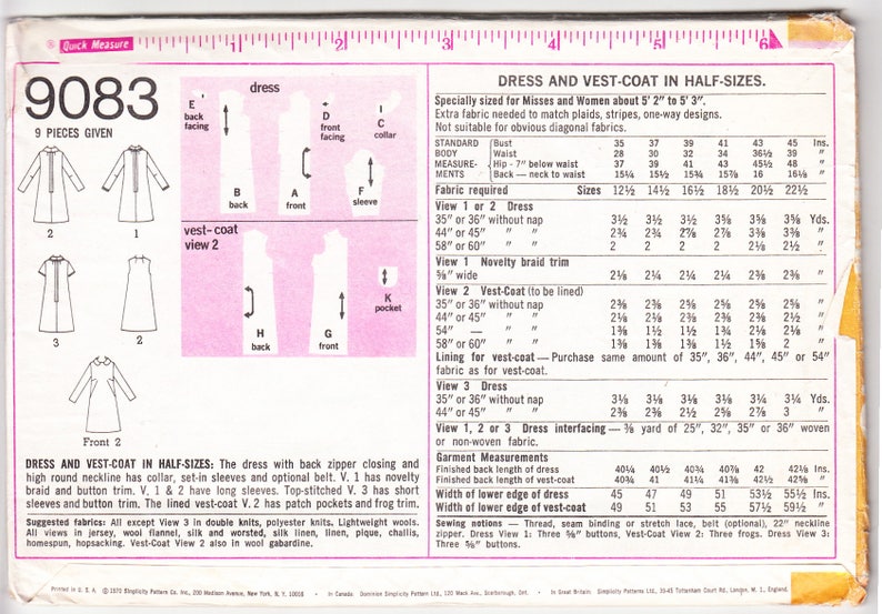 Vintage 1970 Simplicity 9083 UNCUT Sewing Pattern Misses' | Etsy