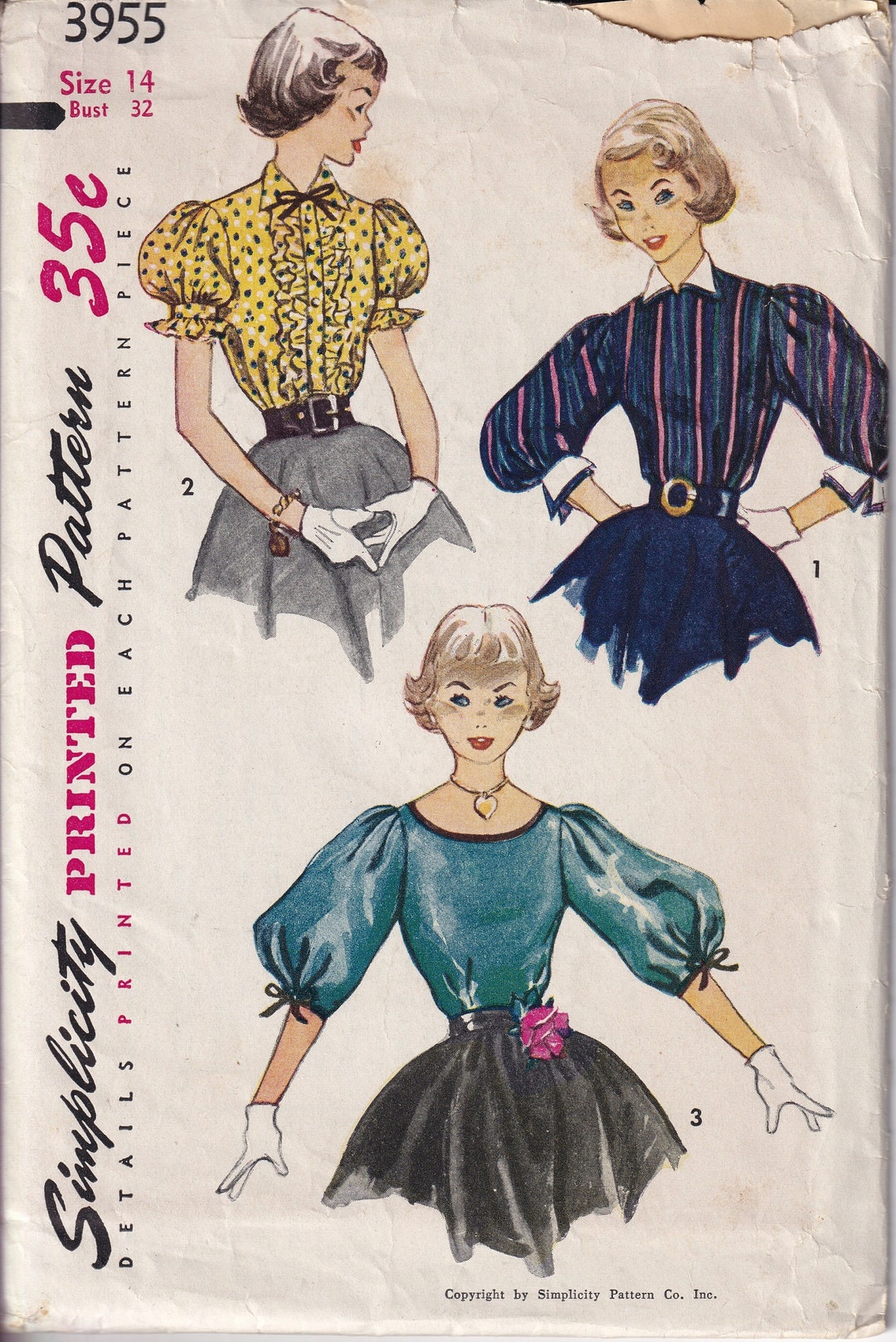 Vintage 1952 Simplicity 3955 Sewing Pattern Teen Age Blouse With ...