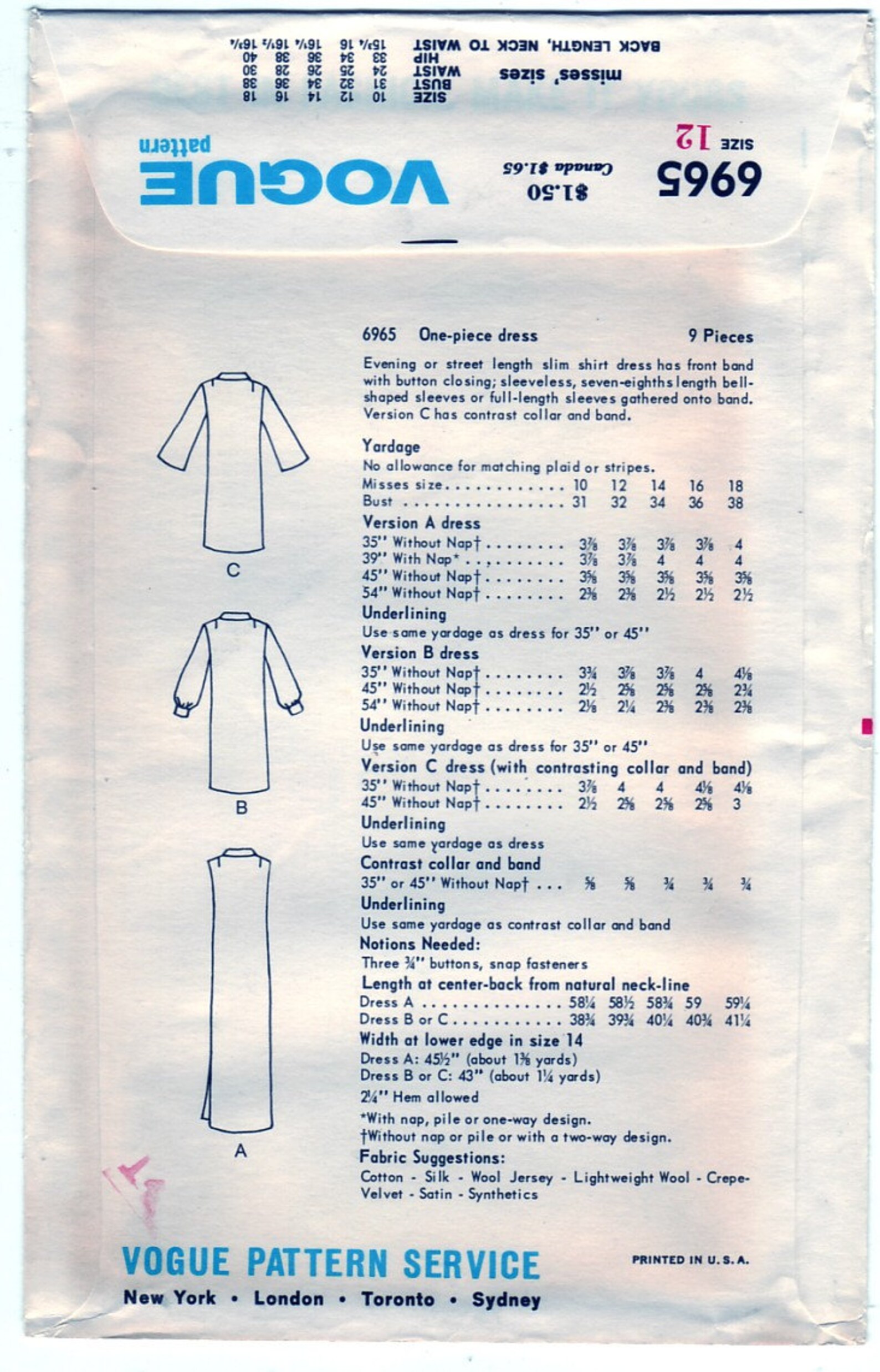 Vintage 1966 Vogue 6965 UNCUT Sewing Pattern Misses' - Etsy