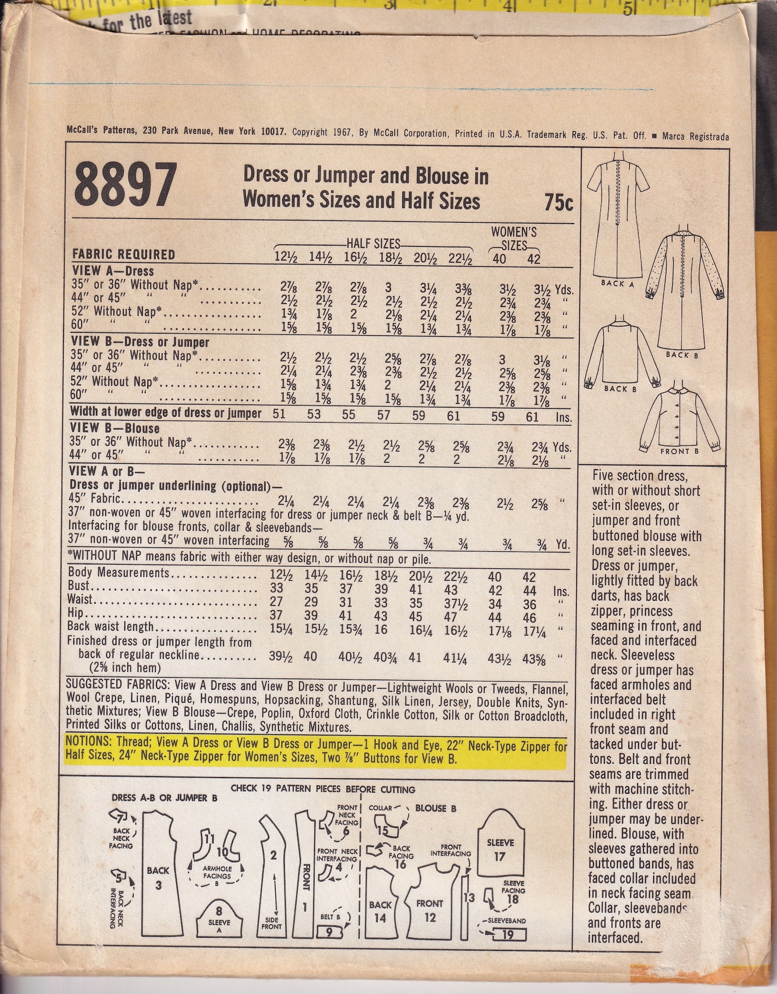 Vintage 1967 Mccall's 8897 UNCUT Sewing Pattern Halfsize Misses' Dress ...