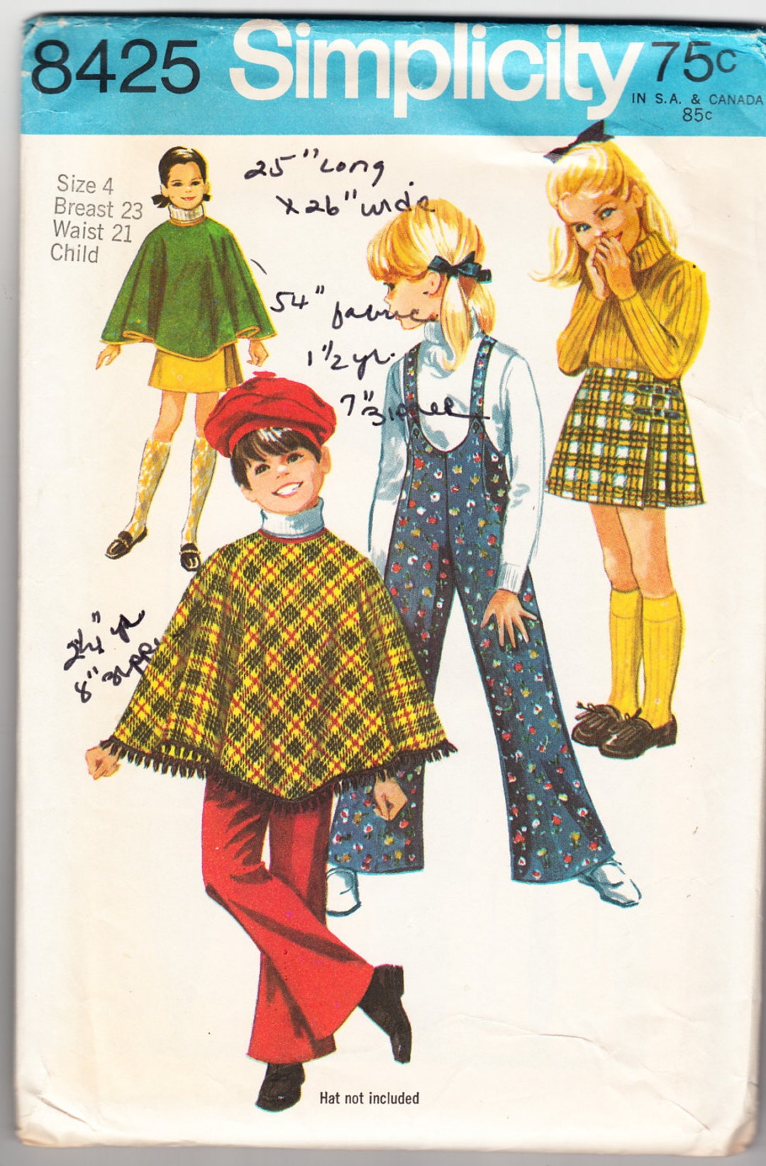 Vintage 1969 Simplicity 8425 Sewing Pattern Girls' Poncho, Skirt and Bell-bottom Suspender-pants ...