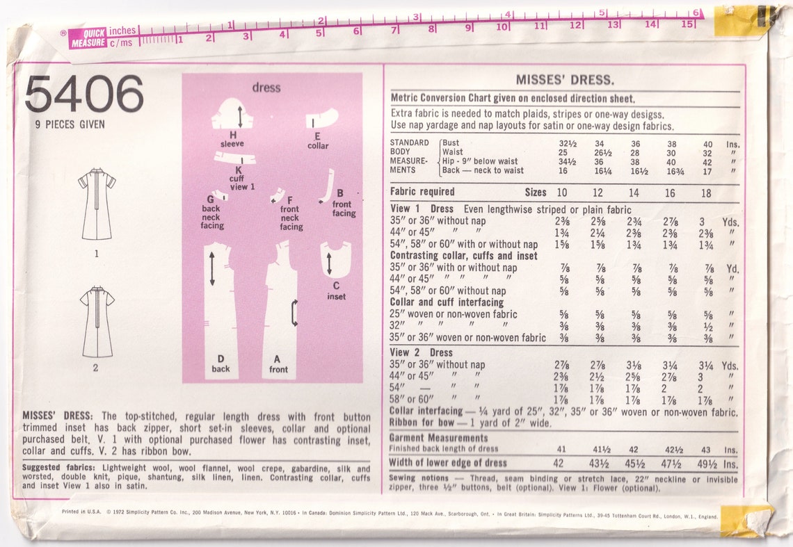 Vintage 1972 Simplicity 5406 UNCUT Sewing Pattern Misses' | Etsy