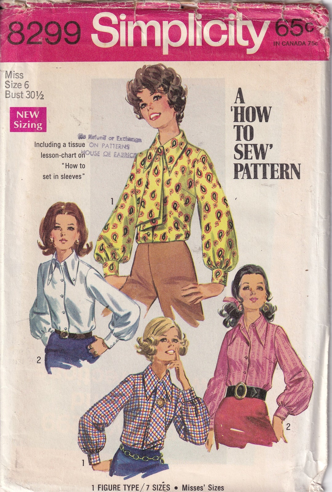 Vintage 1969 Simplicity 8299 UNCUT Sewing Pattern Misses' Blouse and Ascot Size 6 Bust 30-1/2 - Etsy