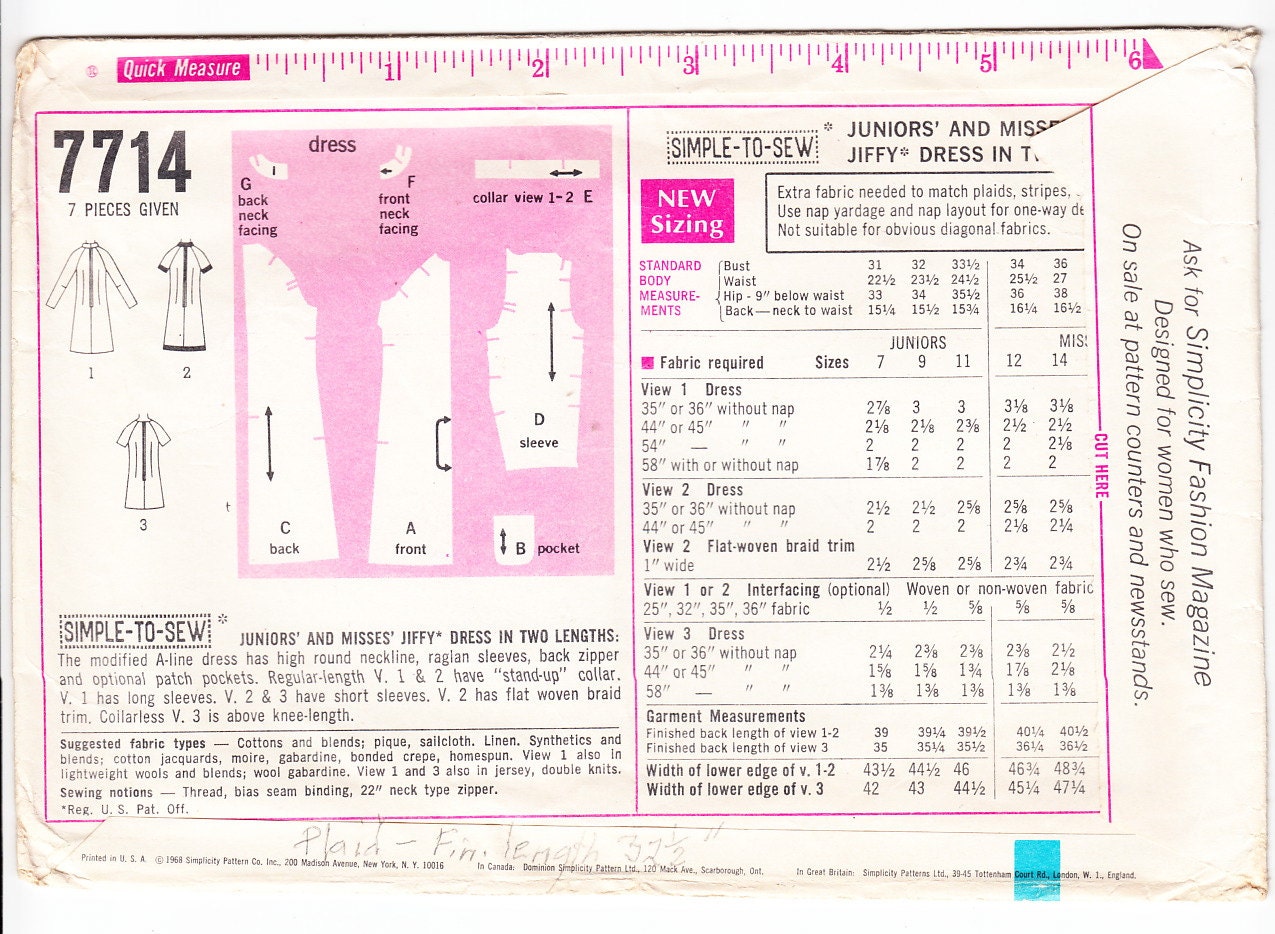 Vintage 1968 Simplicity 7714 Sewing Pattern Juniors' Dress | Etsy