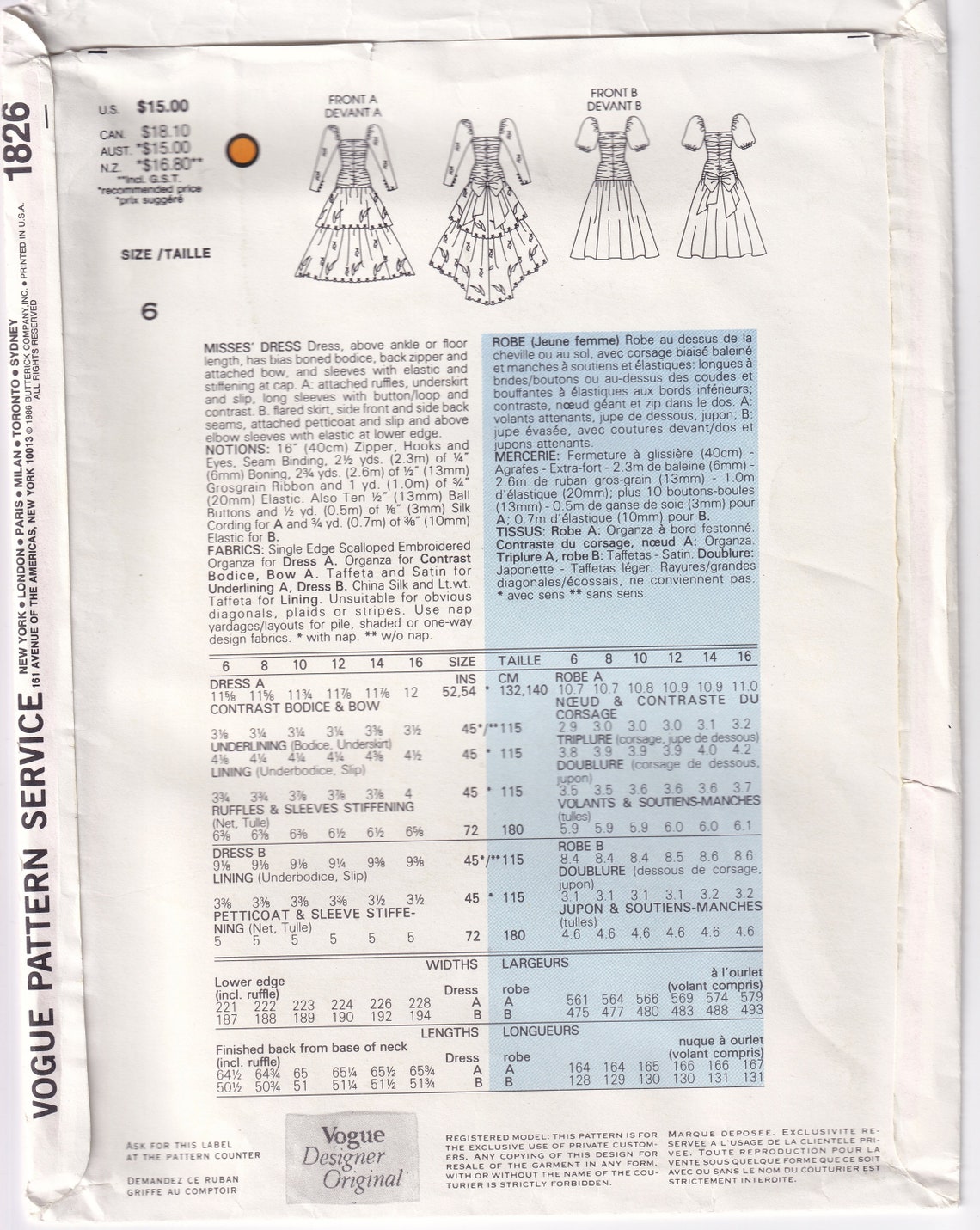 Vintage 1986 Vogue Bridal Design 1826 Sewing Pattern Misses' Bridal ...