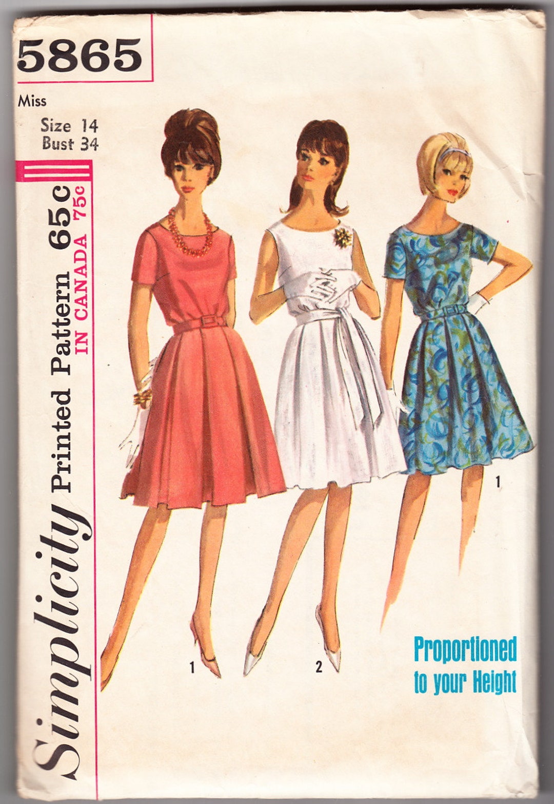 Vintage 1965 Simplicity 5865 Sewing Pattern Misses' One-piece Dress in Proportioned Sizes Size ...