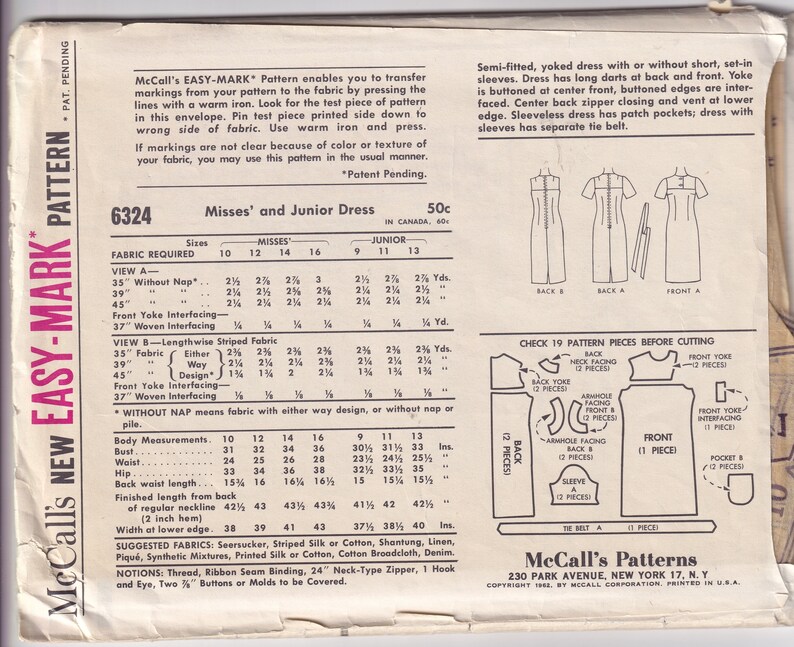 Vintage 1962 Mccall's 6324 Sewing Pattern Misses' - Etsy