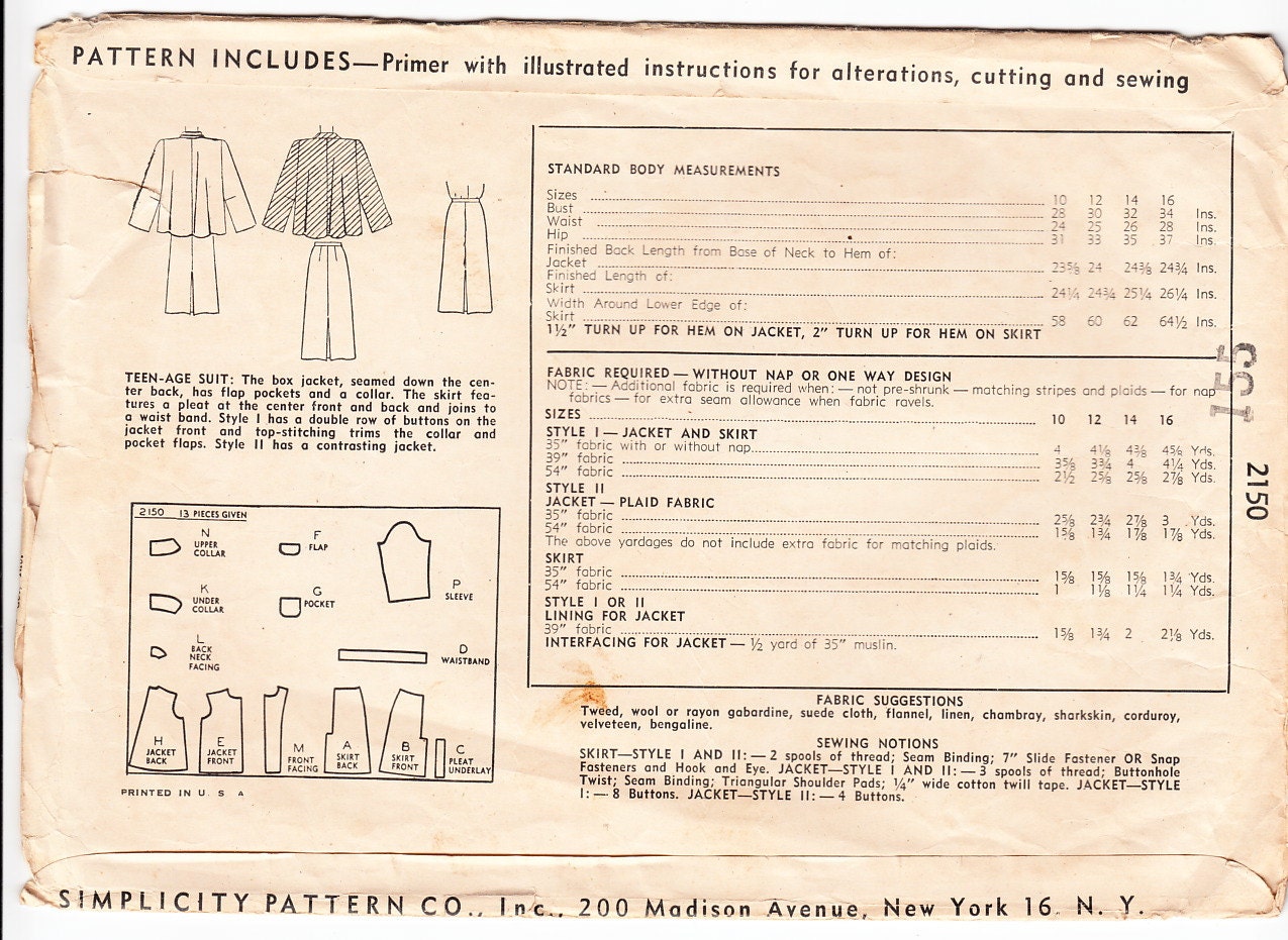 Vintage 1947 Simplicity 2150 Sewing Pattern Teen-Age Suit Size | Etsy