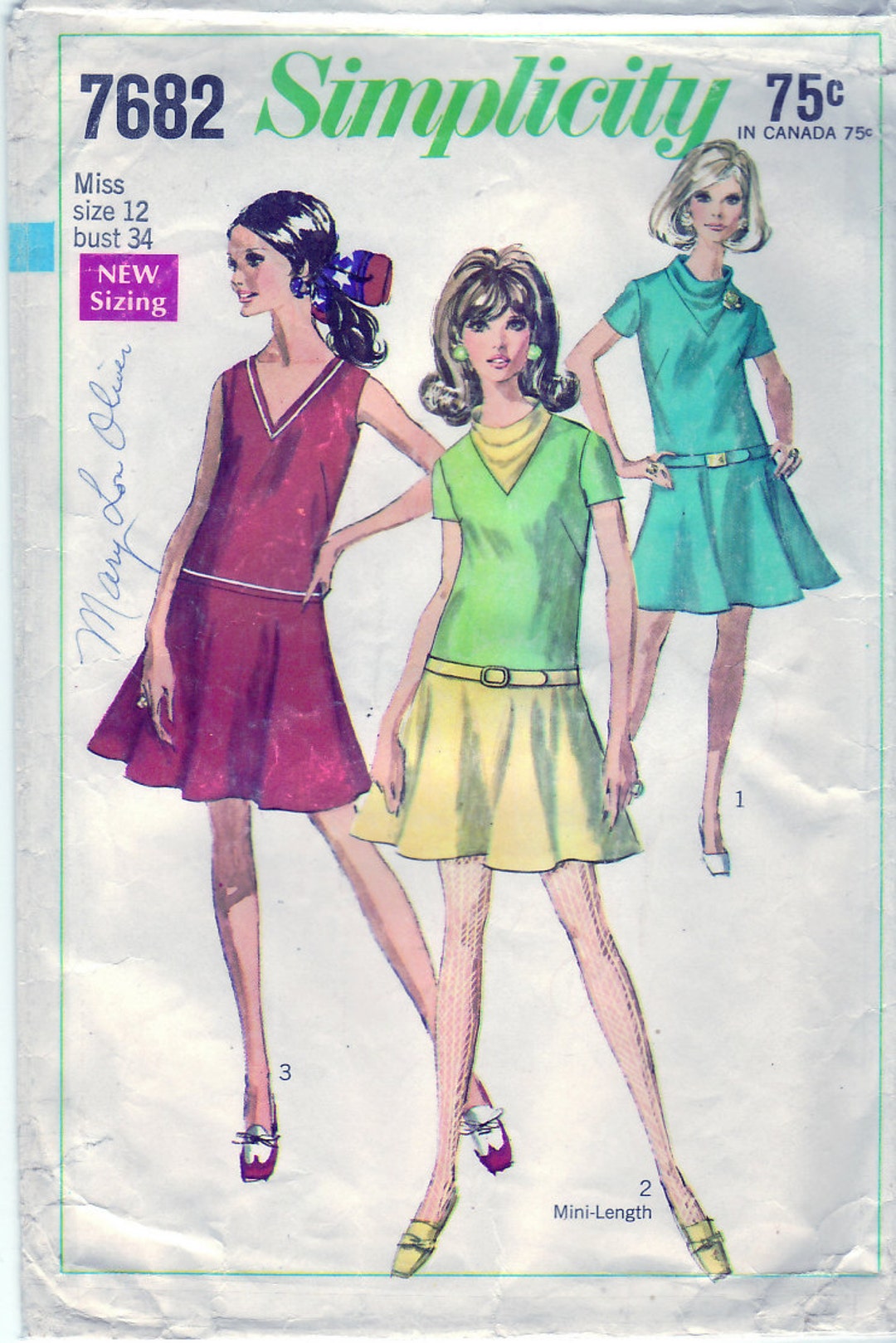 Vintage 1968 Simplicity 7682 Sewing Pattern Misses' Dress in Two ...