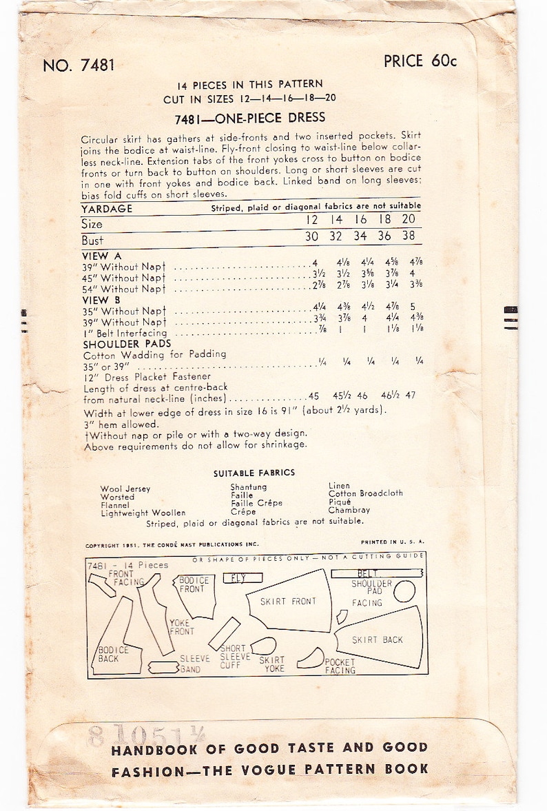 Vintage 1951 Vogue 7481 Sewing Pattern Misses One Piece Dress Size 14