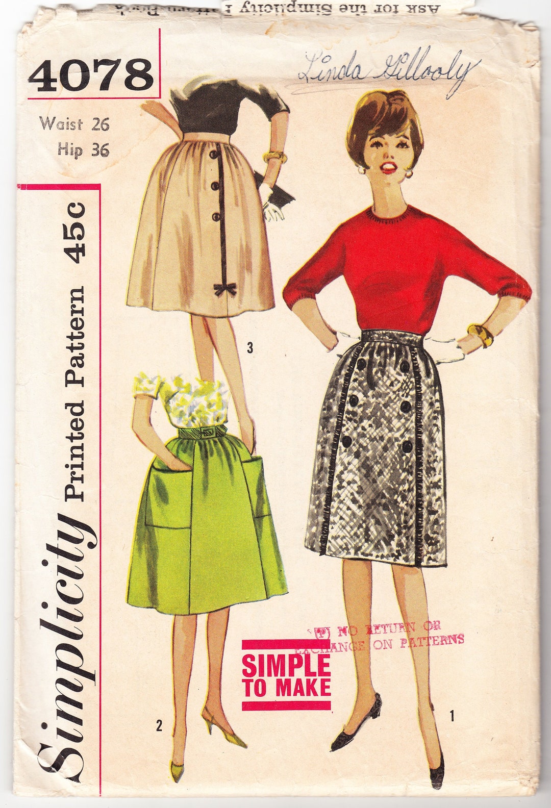 Vintage 1962 Simplicity 4078 Sewing Pattern Misses' Skirt Size 26 ...