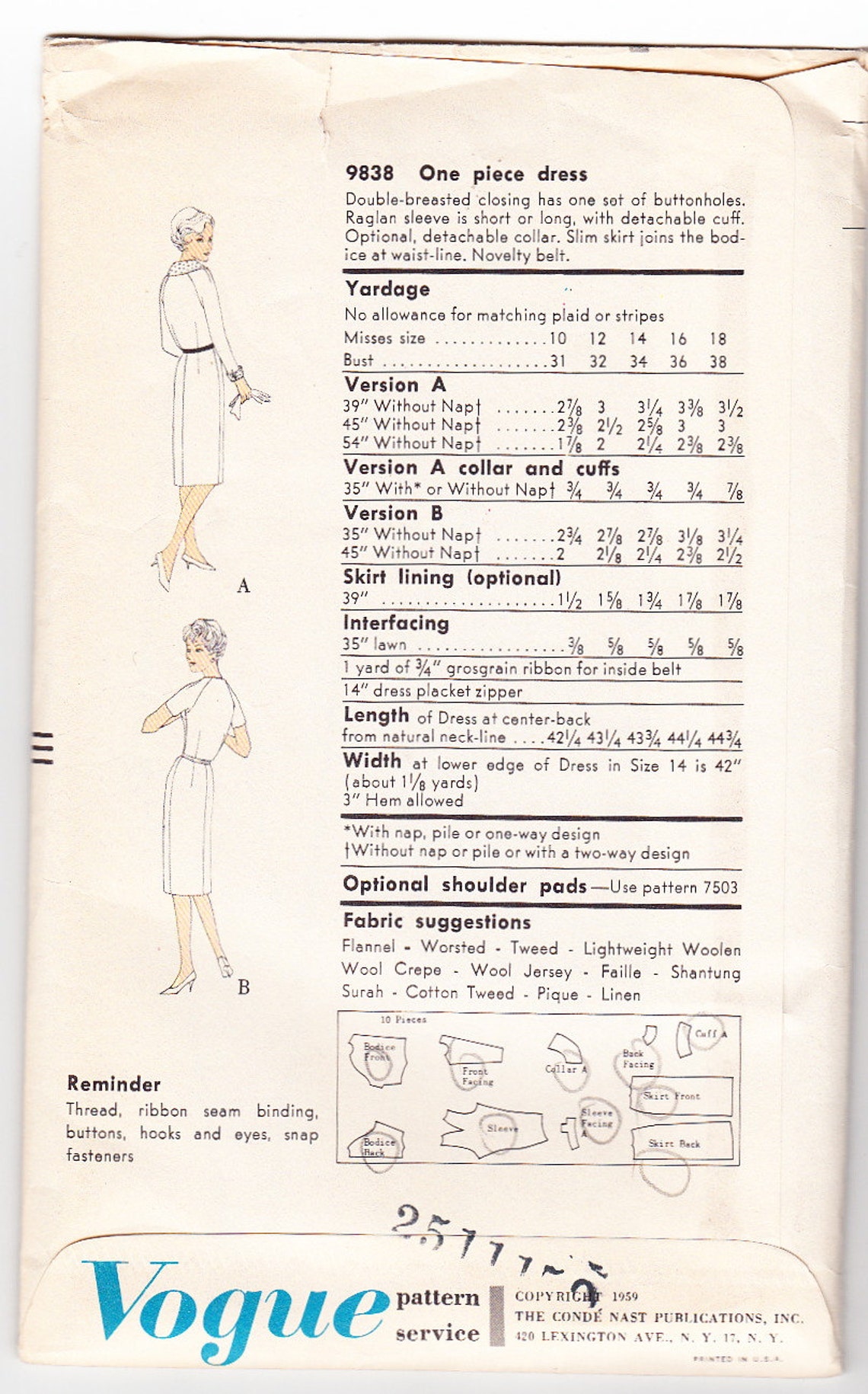 Vintage 1959 Vogue 9838 Sewing Pattern Misses One-piece Dress - Etsy
