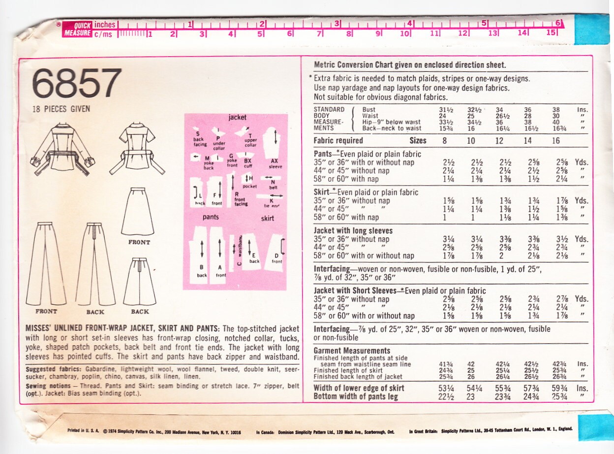Vintage 1974 Simplicity 6857 UNCUT Sewing Pattern Misses' Unlined Front ...