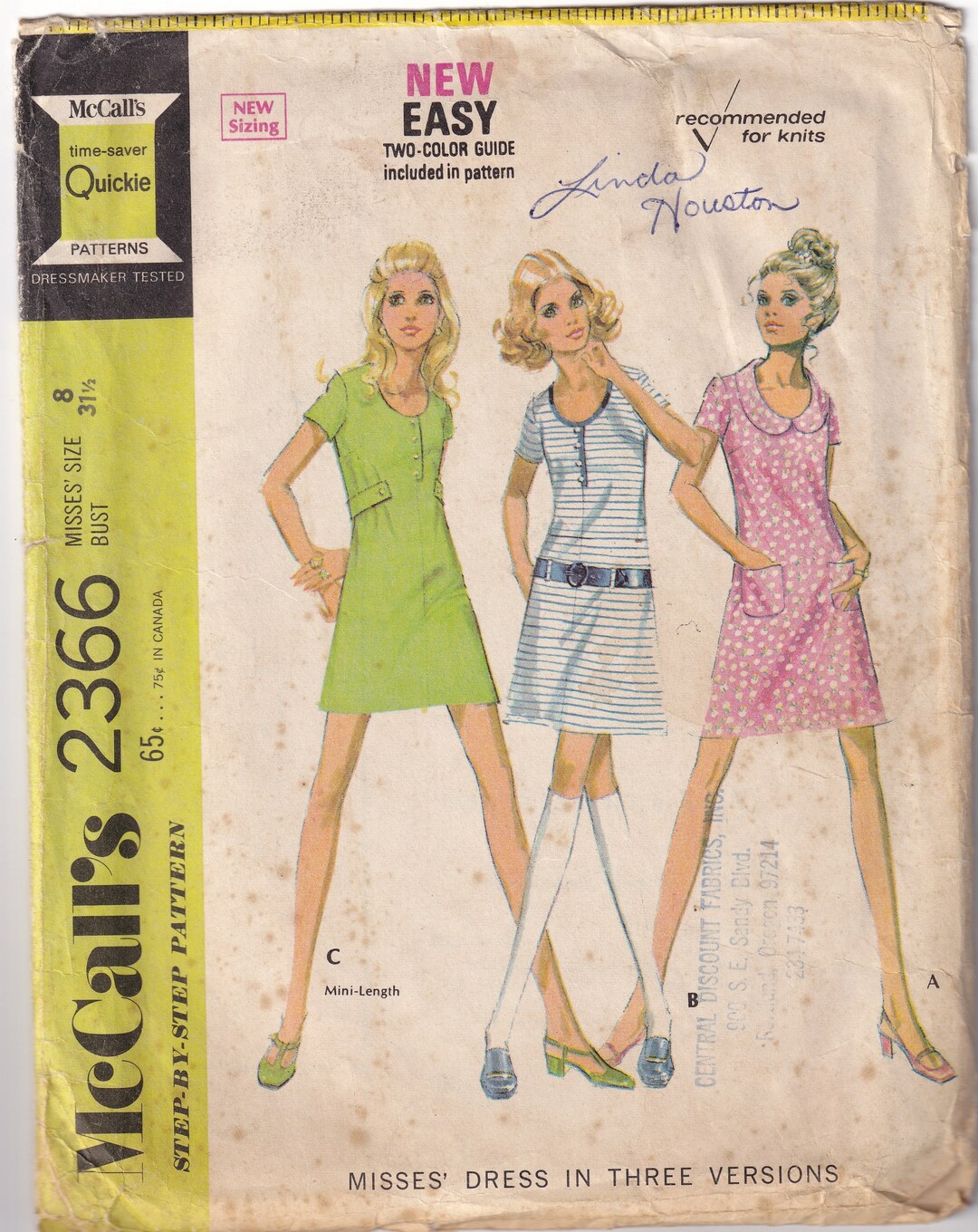 Vintage 1970 Mccall's 2366 Sewing Pattern Misses' Dress in Three ...