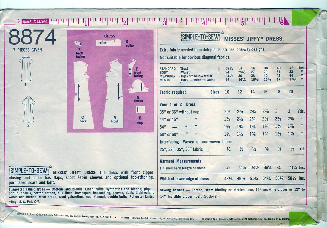 Vintage 1970 Simplicity 8874 Sewing Pattern Misses' Dress - Etsy