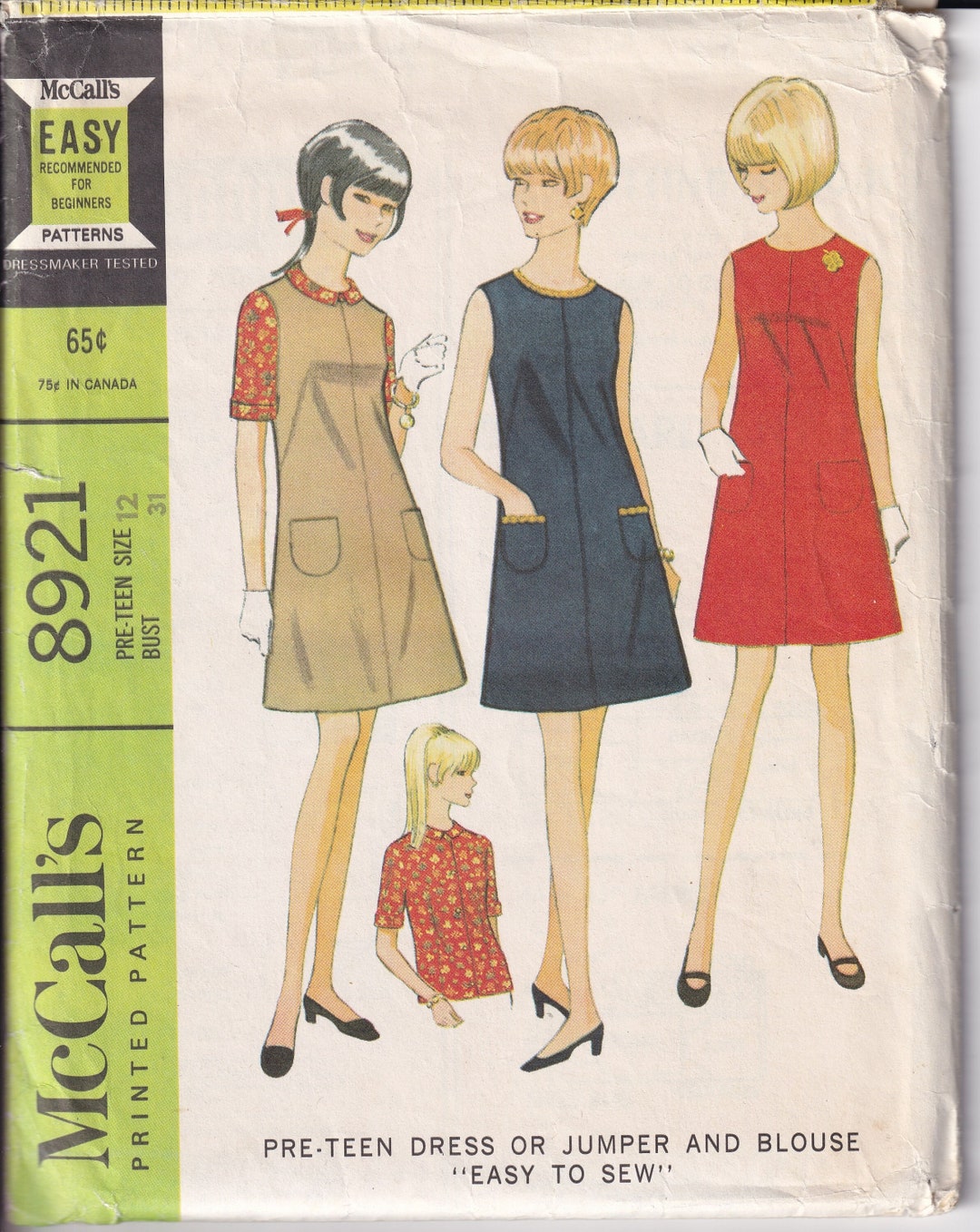 Vintage 1967 Mccall's 8921 Sewing Pattern Pre-teen Easy Sew Dress or ...
