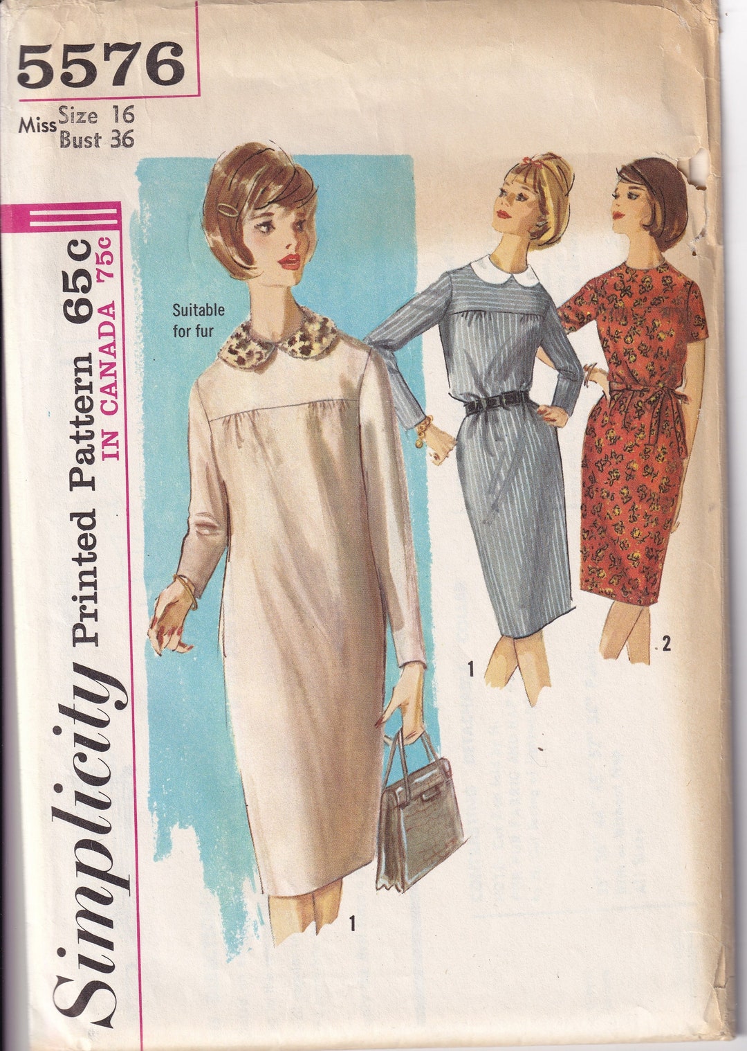 Vintage 1964 Simplicity 5576 Sewing Pattern Misses' One-piece Dress ...