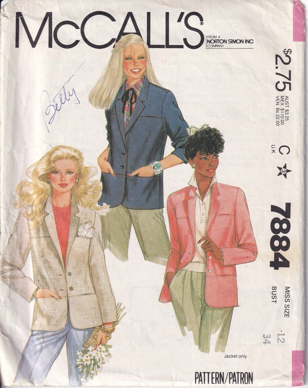 Vintage 1982 Mccall's 7884 Sewing Pattern Misses' Jacket Blazer Size 12 ...