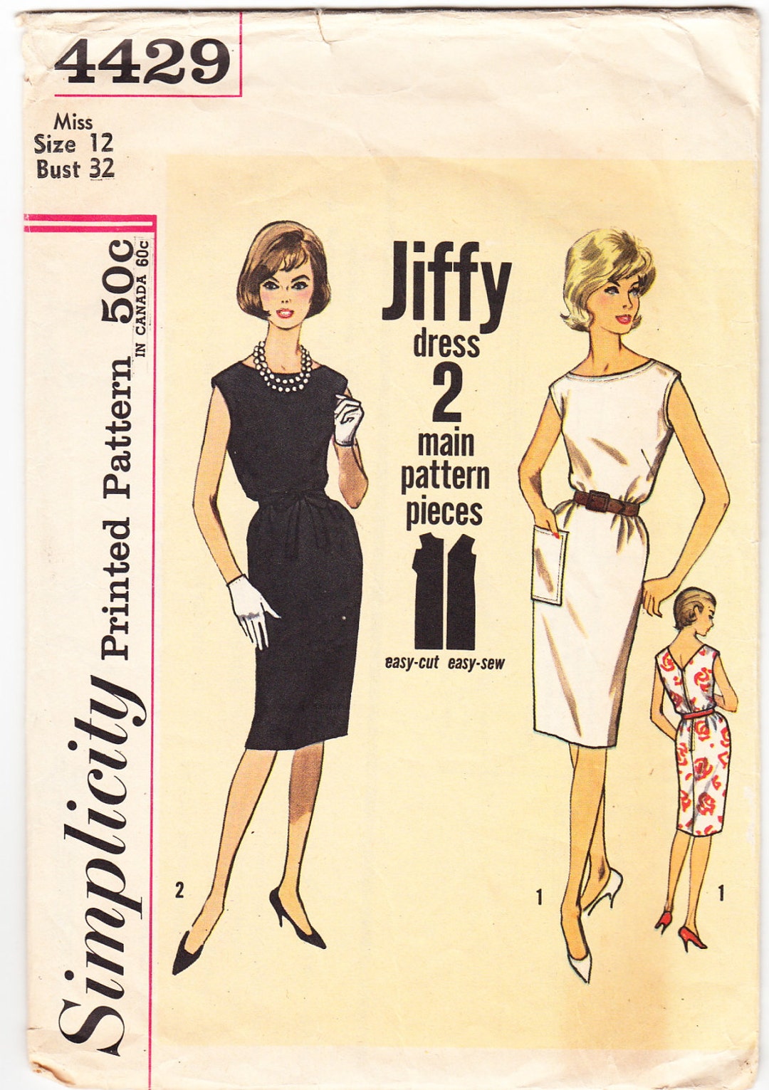 Vintage 1963 Simplicity 4429 Sewing Pattern Misses' Dress Size 12 Bust ...