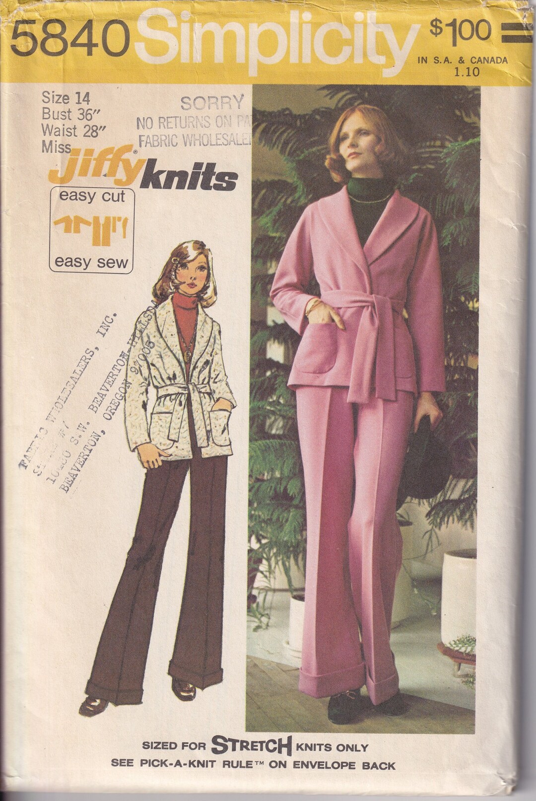 Vintage 1973 Simplicity 5840 Sewing Pattern Misses' Jiffy Knit Unlined ...