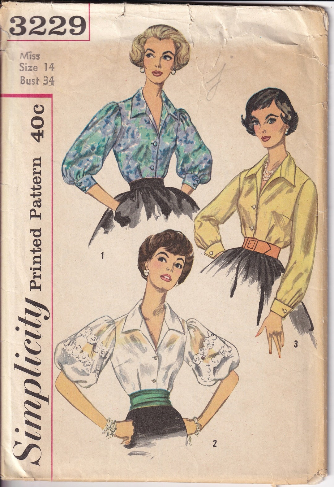 Vintage 1959 Simplicity 3229 Sewing Pattern Misses' Blouse With Sleeve ...