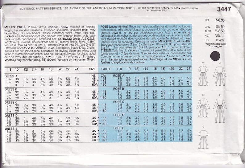 Vintage 1986 Butterick 3447 UNCUT Sewing Pattern Misses' Dress Size 8 ...