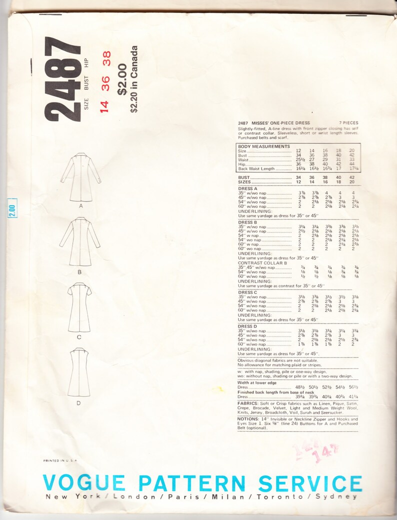 Vintage 1971 Vogue 2487 Vogue Basic Design Misses' One-piece Dress Size ...