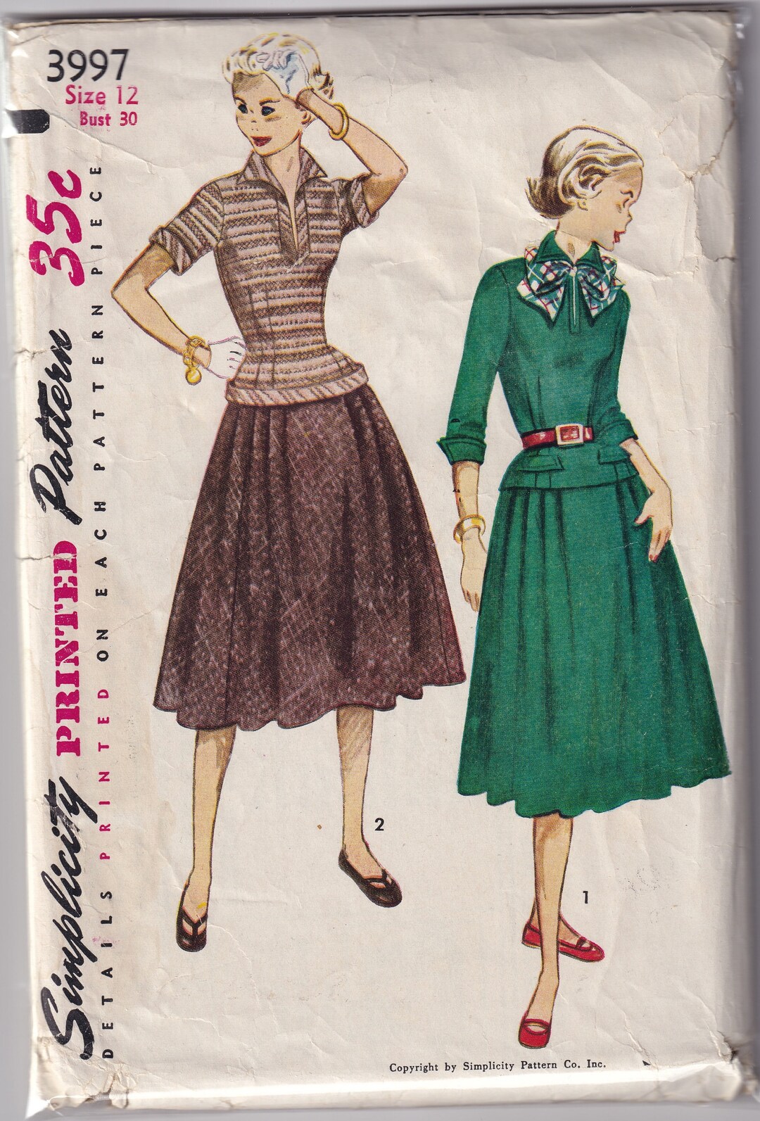 Vintage 1952 Simplicity 3997 Sewing Pattern Teen-age Two-piece Dress 12 ...