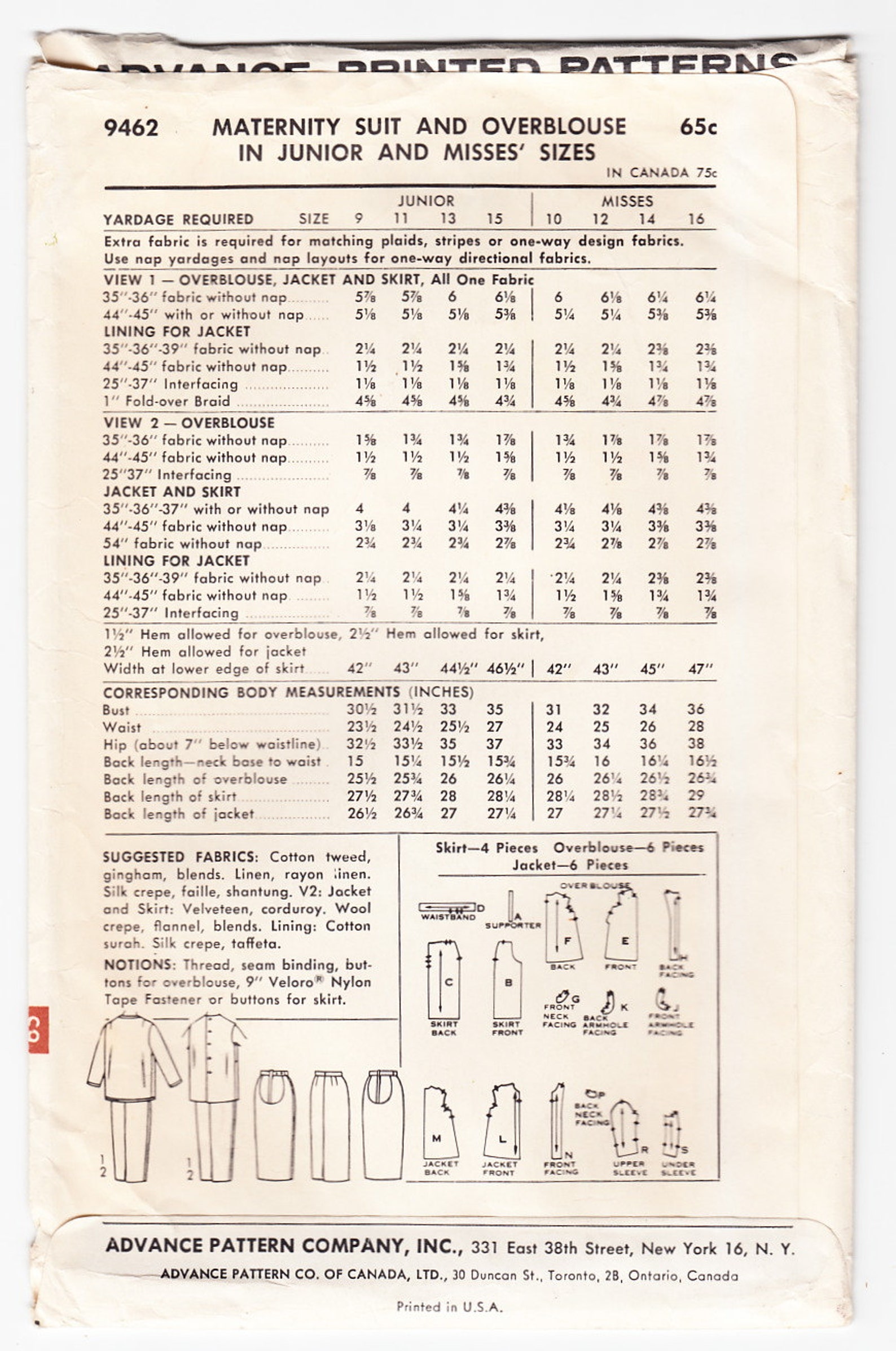 Vintage 1960 Advance 9462 Sewing Pattern Misses' Maternity Suit and ...