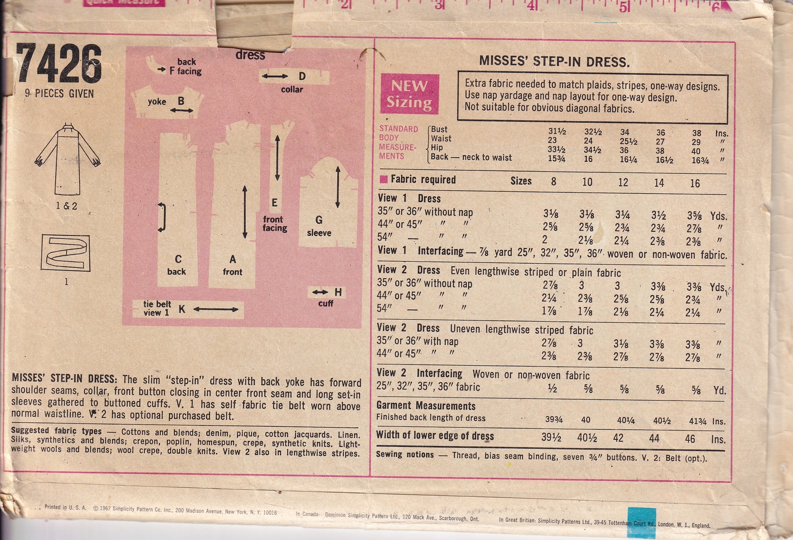 Vintage 1967 Simplicity 7426 Sewing Pattern Misses' One Piece Step-in ...