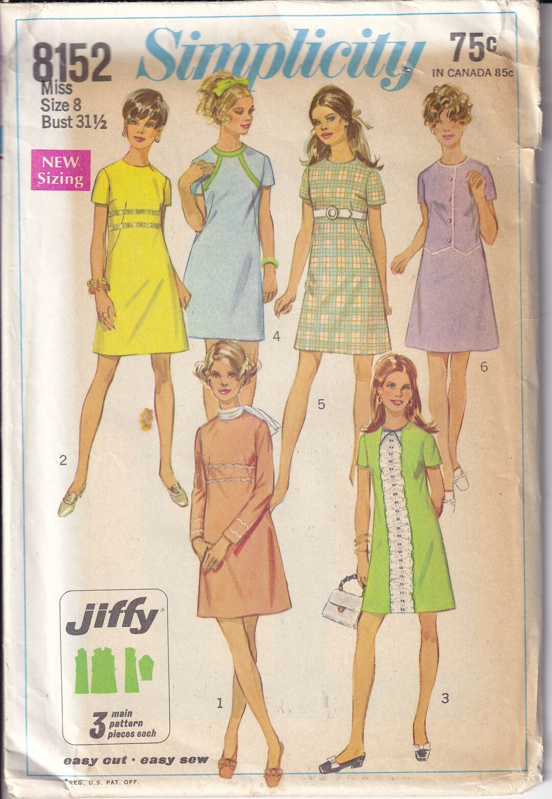 Vintage 1969 Simplicity 8152 UNCUT Sewing Pattern Misses' Dress Size 8 ...