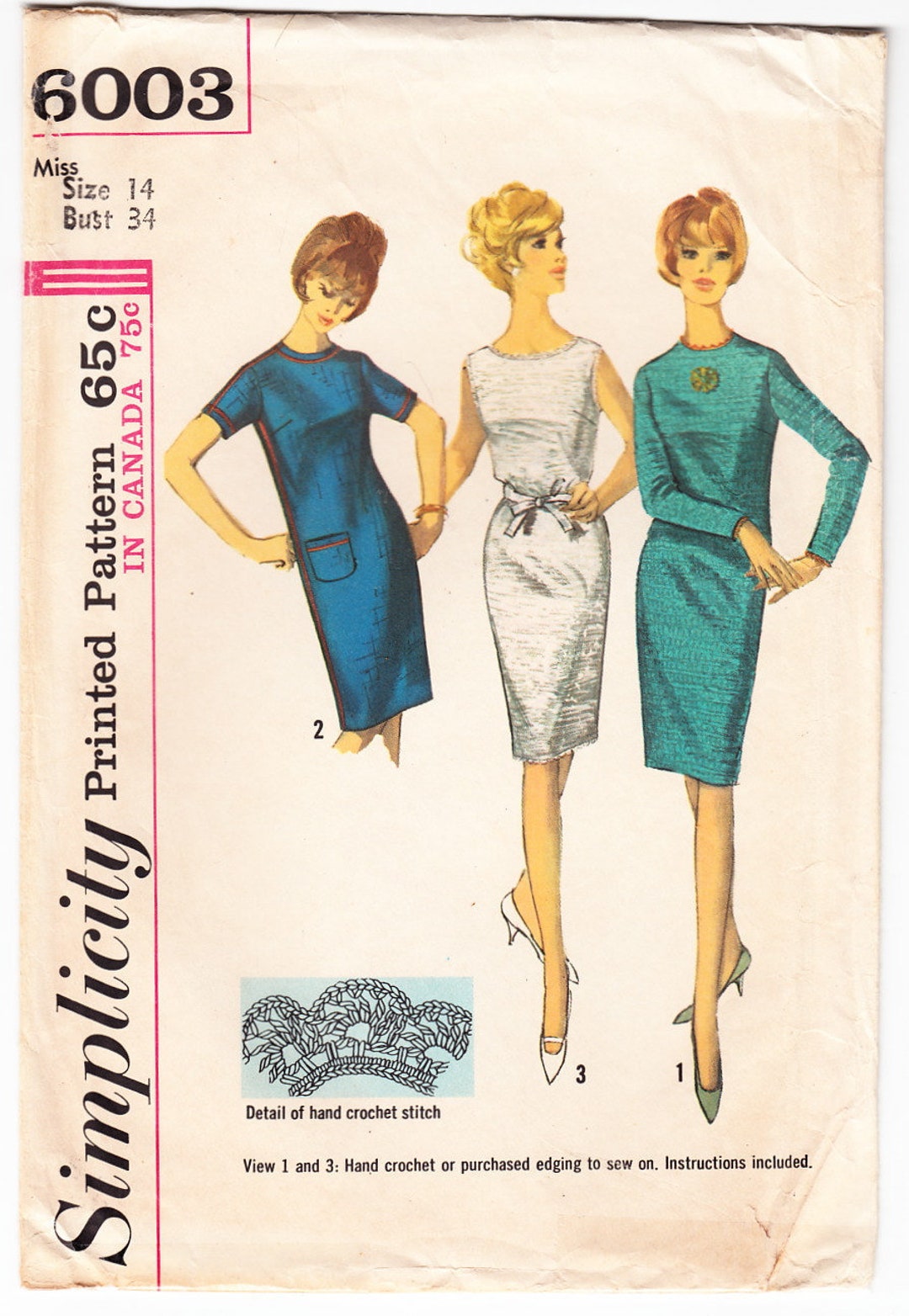 Vintage 1965 Simplicity 6003 Sewing Pattern Misses' One-piece Dress Size 14 Bust 34 - Etsy