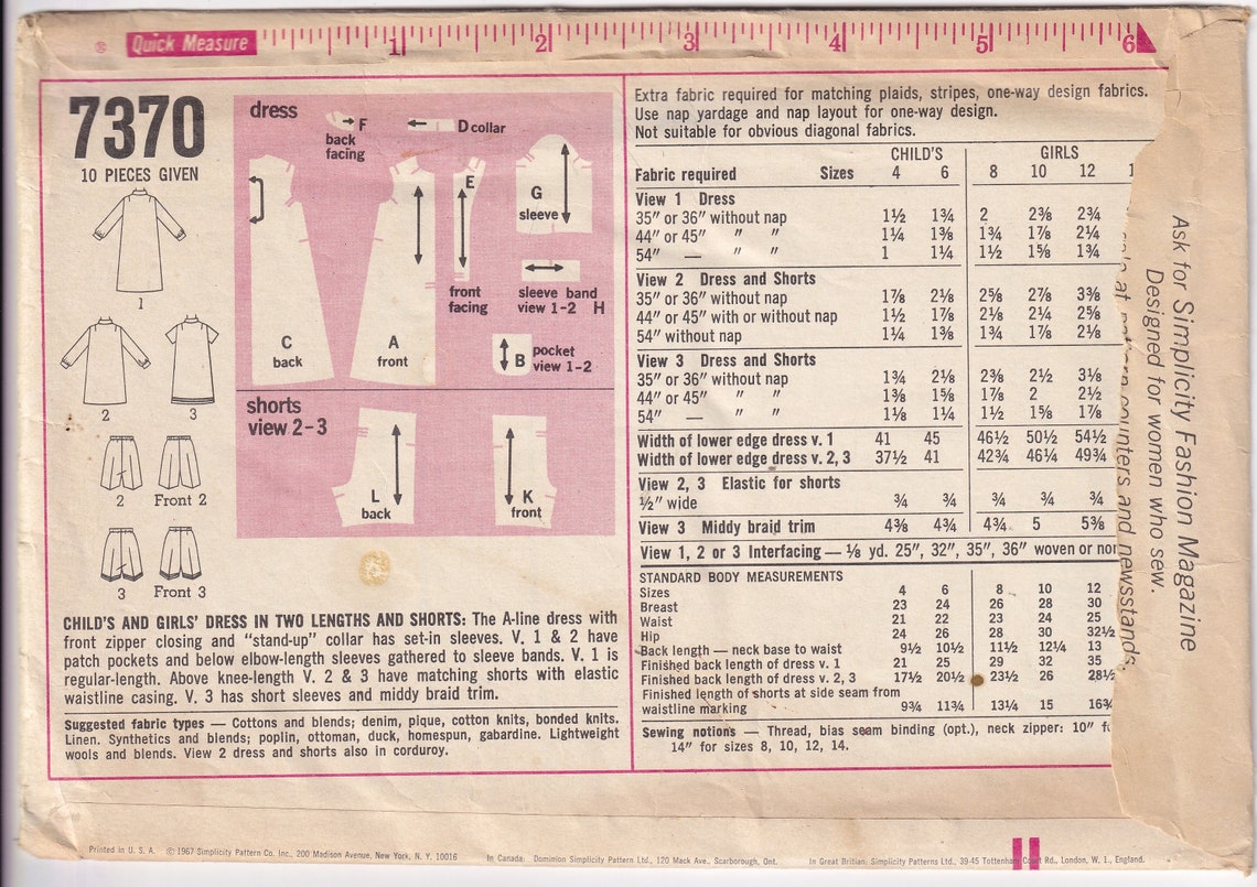 Vintage 1967 Simplicity 7370 Sewing Pattern Girl's Dress in Two Lengths ...