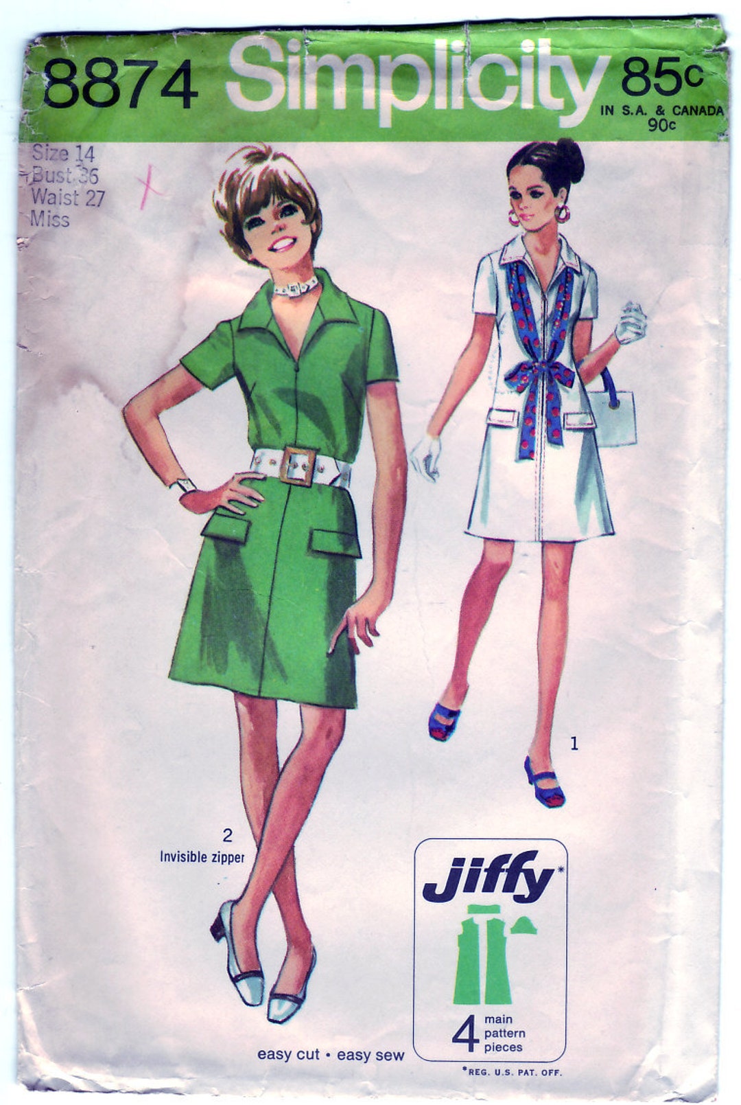 Vintage 1970 Simplicity 8874 Sewing Pattern Misses' Dress Size 14 Bust ...