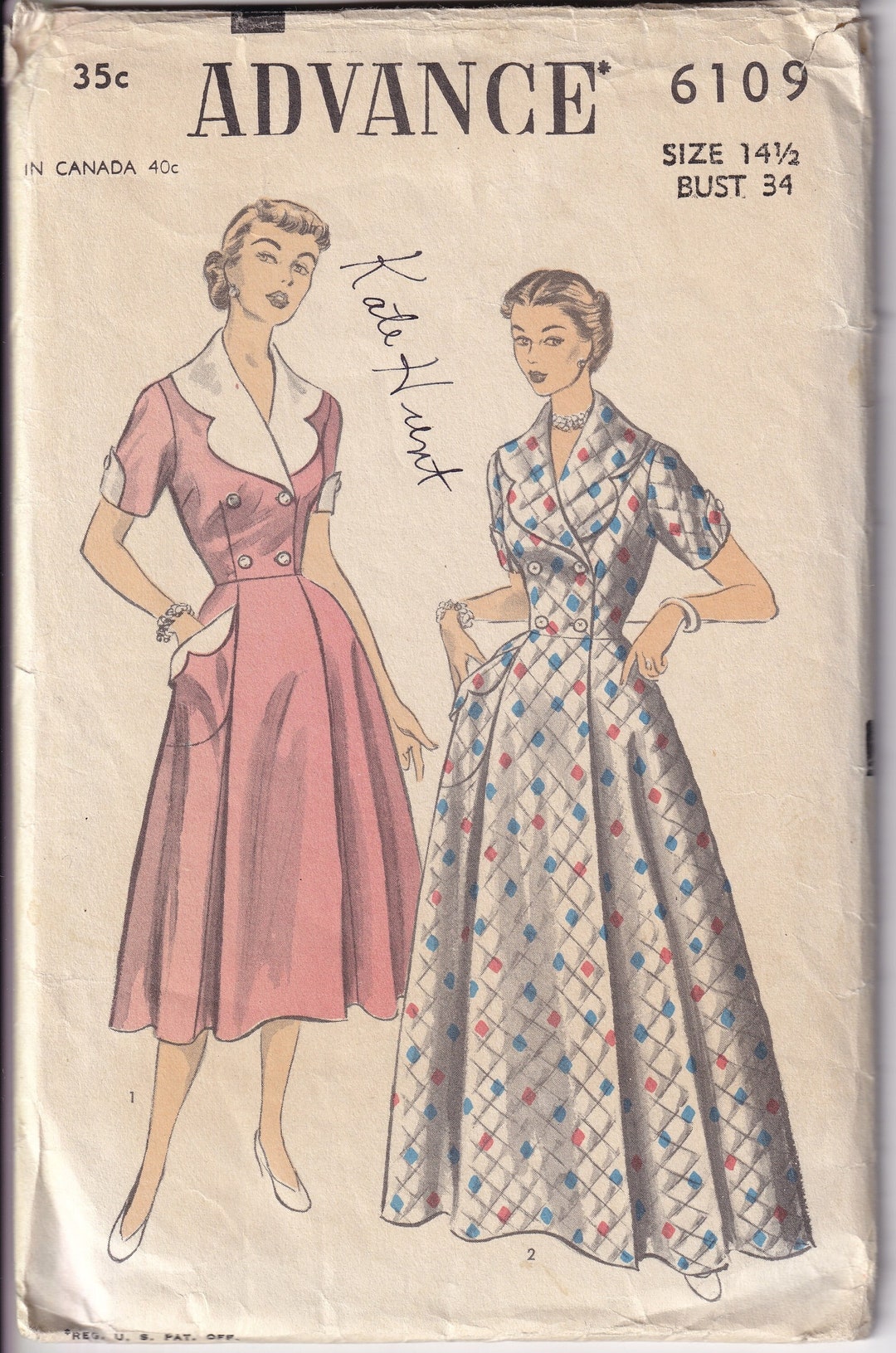 Vintage 1952 Advance 6109 Sewing Pattern Misses One-piece Dress Size 14 ...
