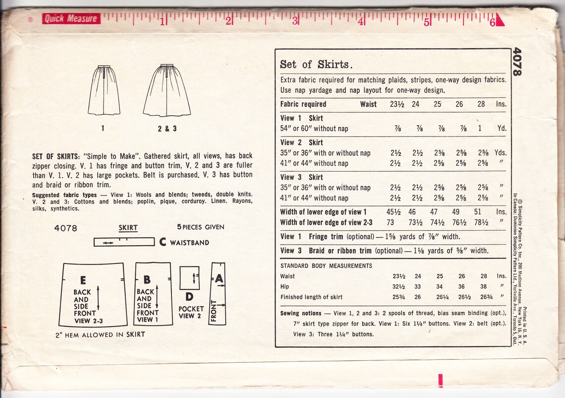Vintage 1962 Simplicity 4078 Sewing Pattern Misses' Skirt - Etsy