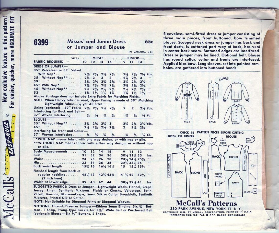 Vintage 1962 Mccall's 6399 UNCUT Sewing Pattern | Etsy