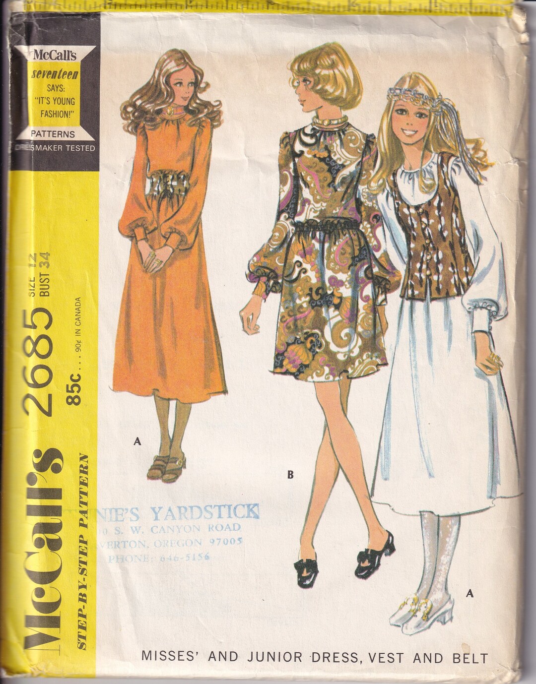 Vintage 1970 Mccall's 2685 Sewing Pattern Misses' Dress, Vest and Belt ...