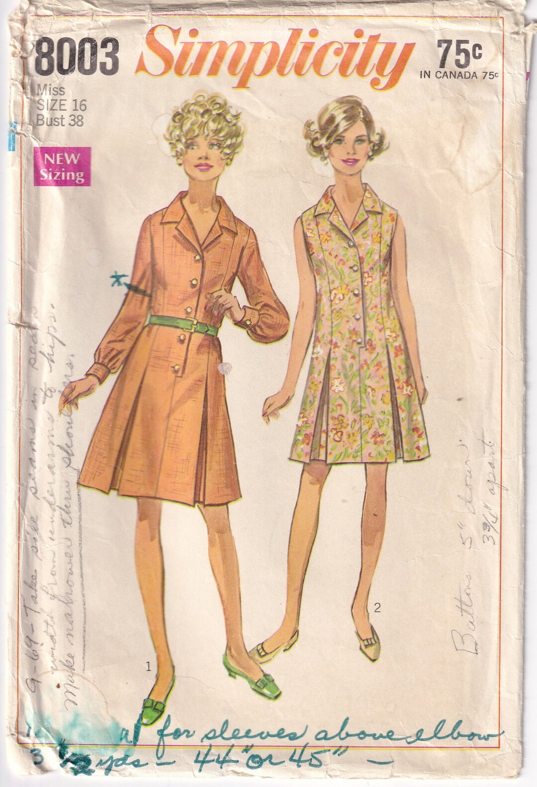 Vintage 1968 Simplicity 8003 Sewing Pattern Misses' Shirt-dress Size 16 ...