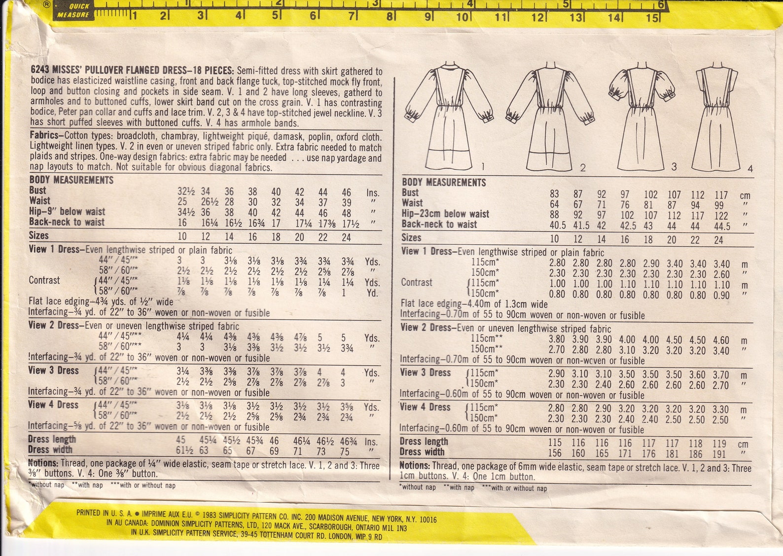 Vintage 1983 Simplicity 6243 Sewing Pattern Misses' Pullover Flanged ...
