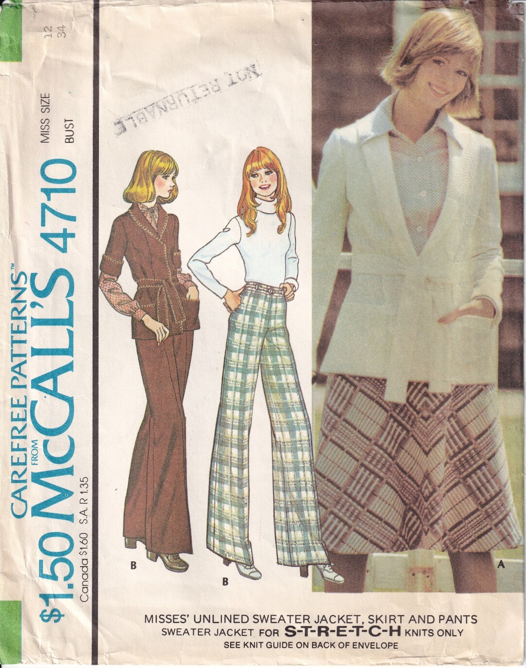 Vintage 1975 Mccall's 4710 Sewing Pattern Misses' Unlined Sweater ...