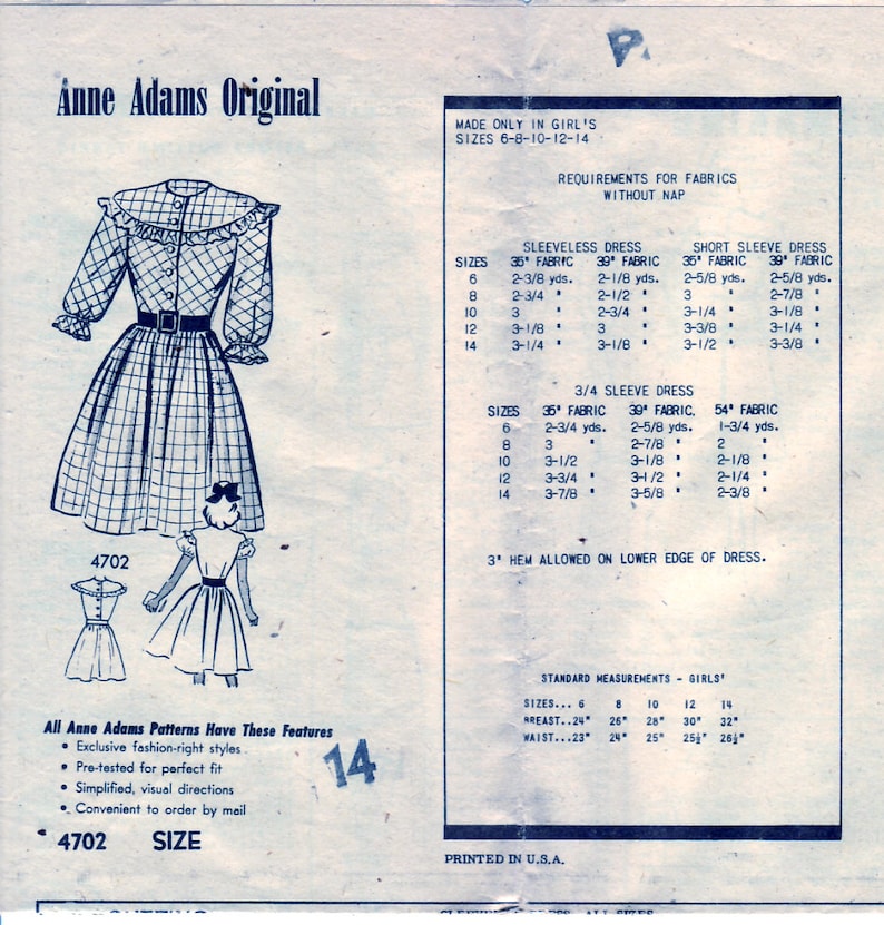 Vintage 1948 Anne Adams 4702 Sewing Pattern Girls' One Piece Dress Size ...