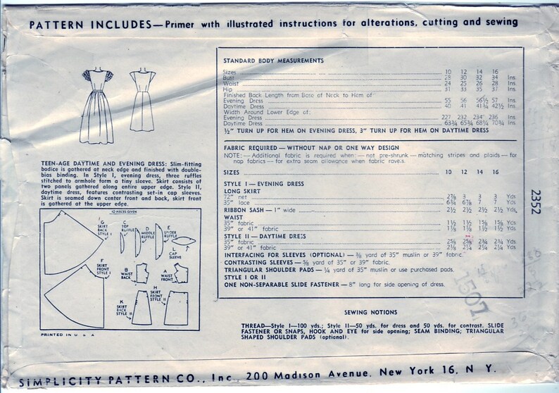 Vintage 1947 Simplicity 2352 Sewing Pattern Teen-age Daytime - Etsy