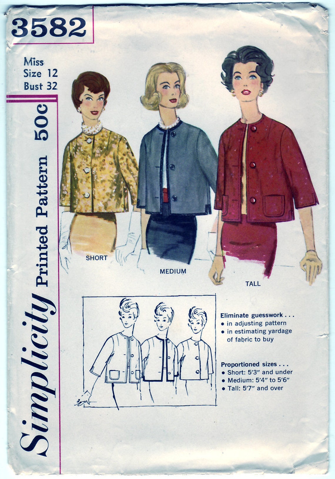 Vintage 1960 Simplicity 3582 UNCUT Sewing Pattern Misses' Proportioned ...