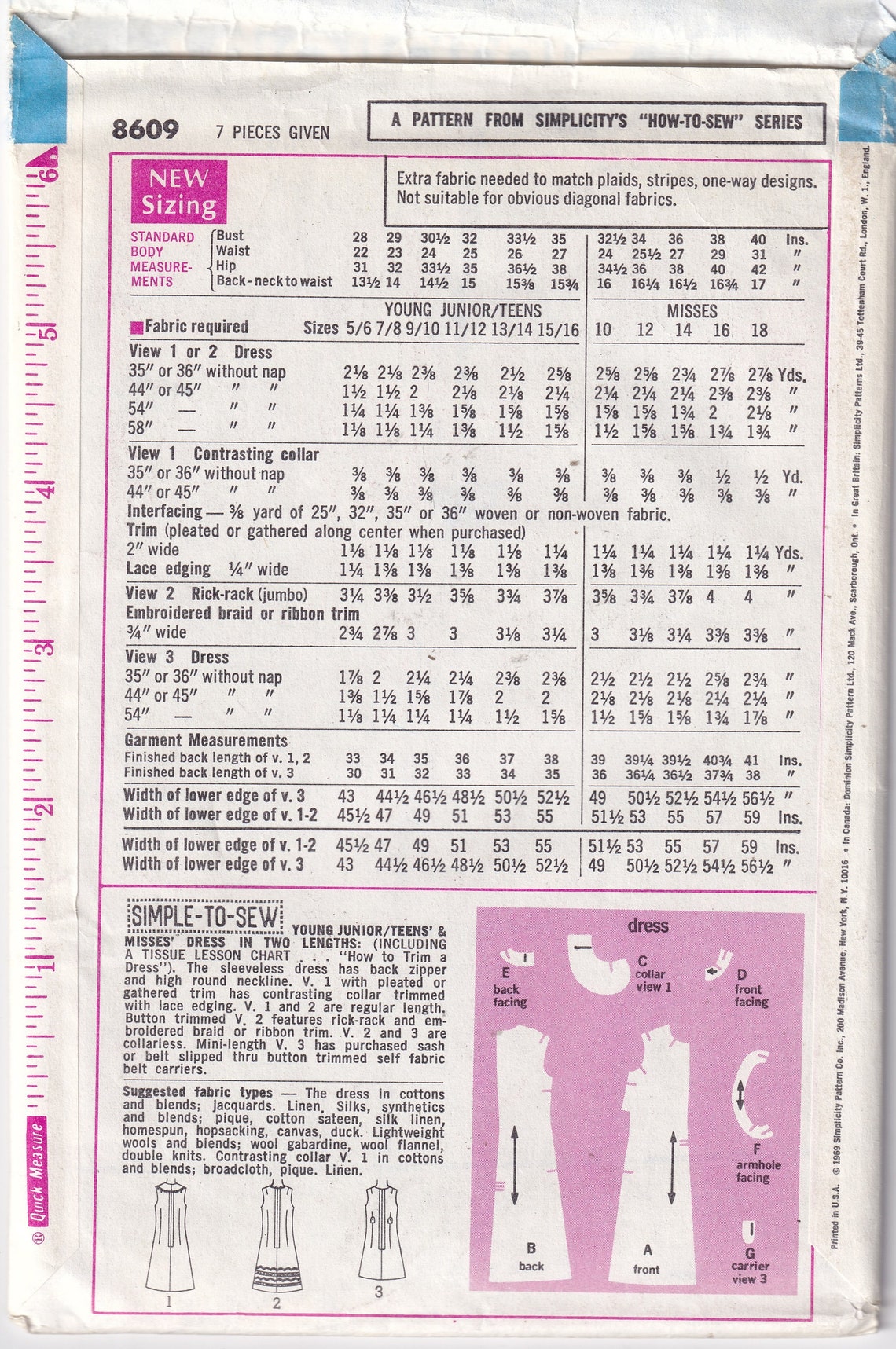 Vintage 1969 Simplicity 8609 UNCUT Sewing Pattern Teens' - Etsy